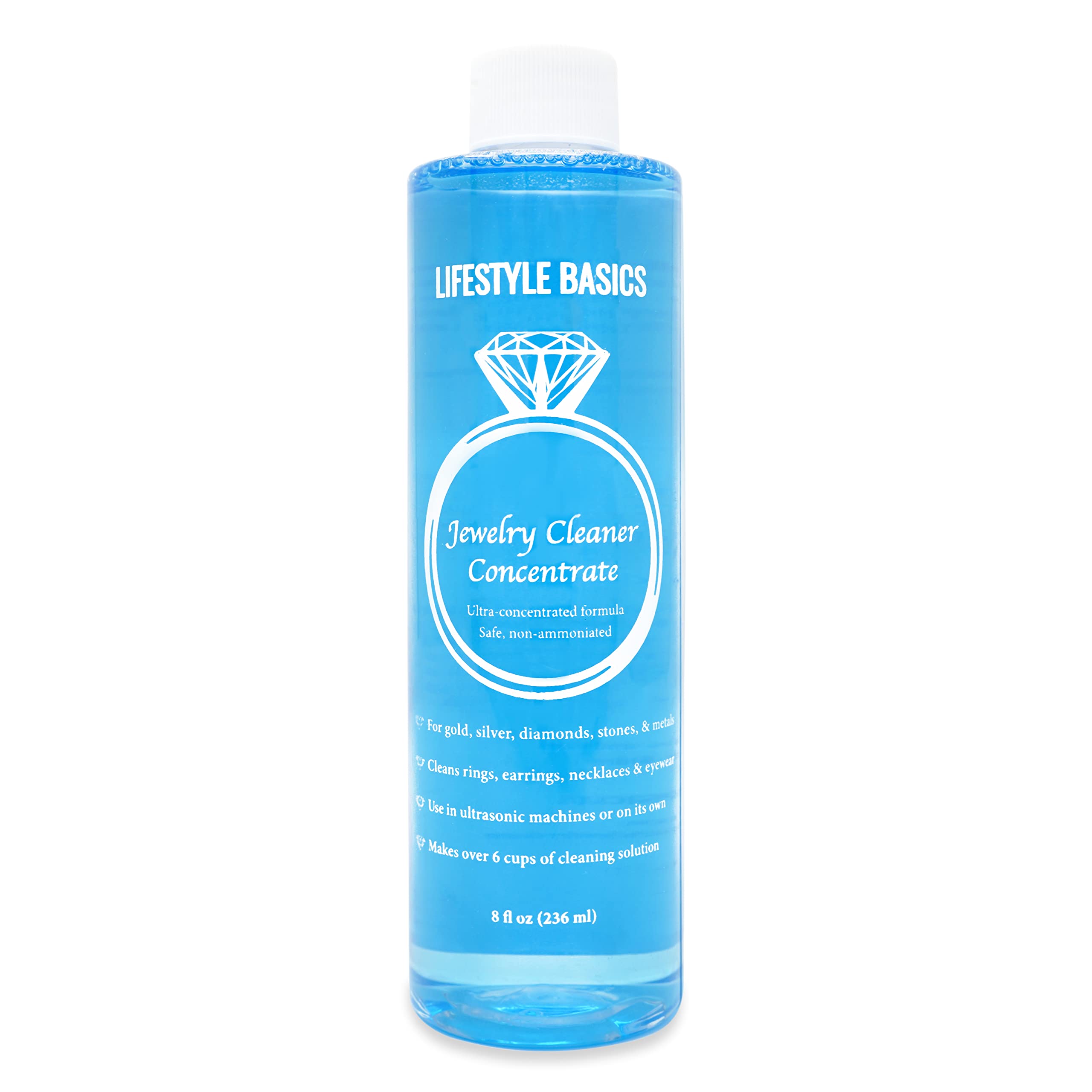 Lifestyle Basics Jewelry Cleaner Solution Liquid Concentrate 8 oz | Cleans Rings, Earrings, Necklaces, Eyewear | Safe for Diamonds, Gold, Silver, Gemstones, and Metals | 1 Bottle Makes 8 Cups