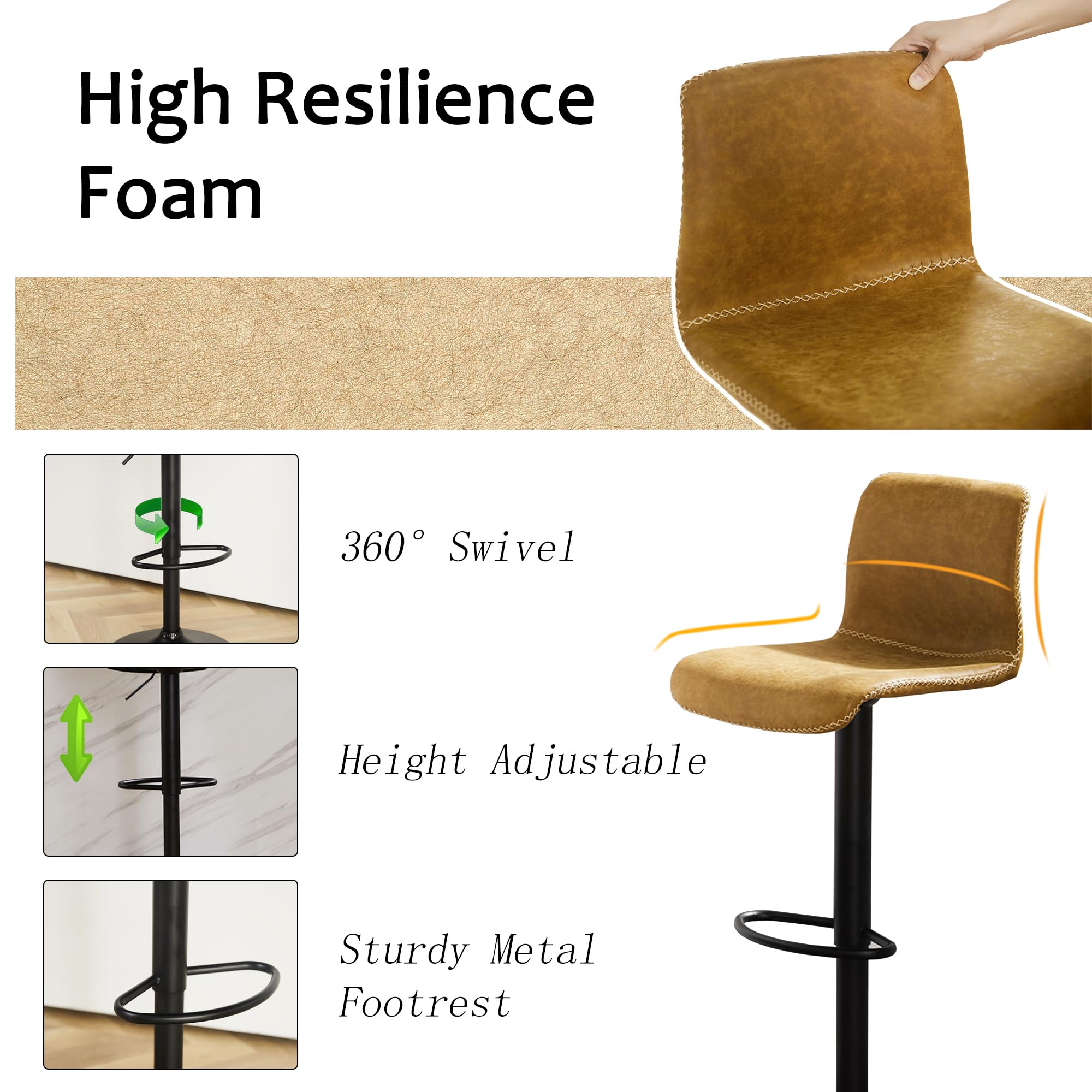 HeuGah Swivel Bar Stools Set of 4, Counter Height with Back, Adjustable Height 24" to 32", Faux Leather for Kitchen Island (Whiskey Brown, Set of 4 (24'' to 32''))