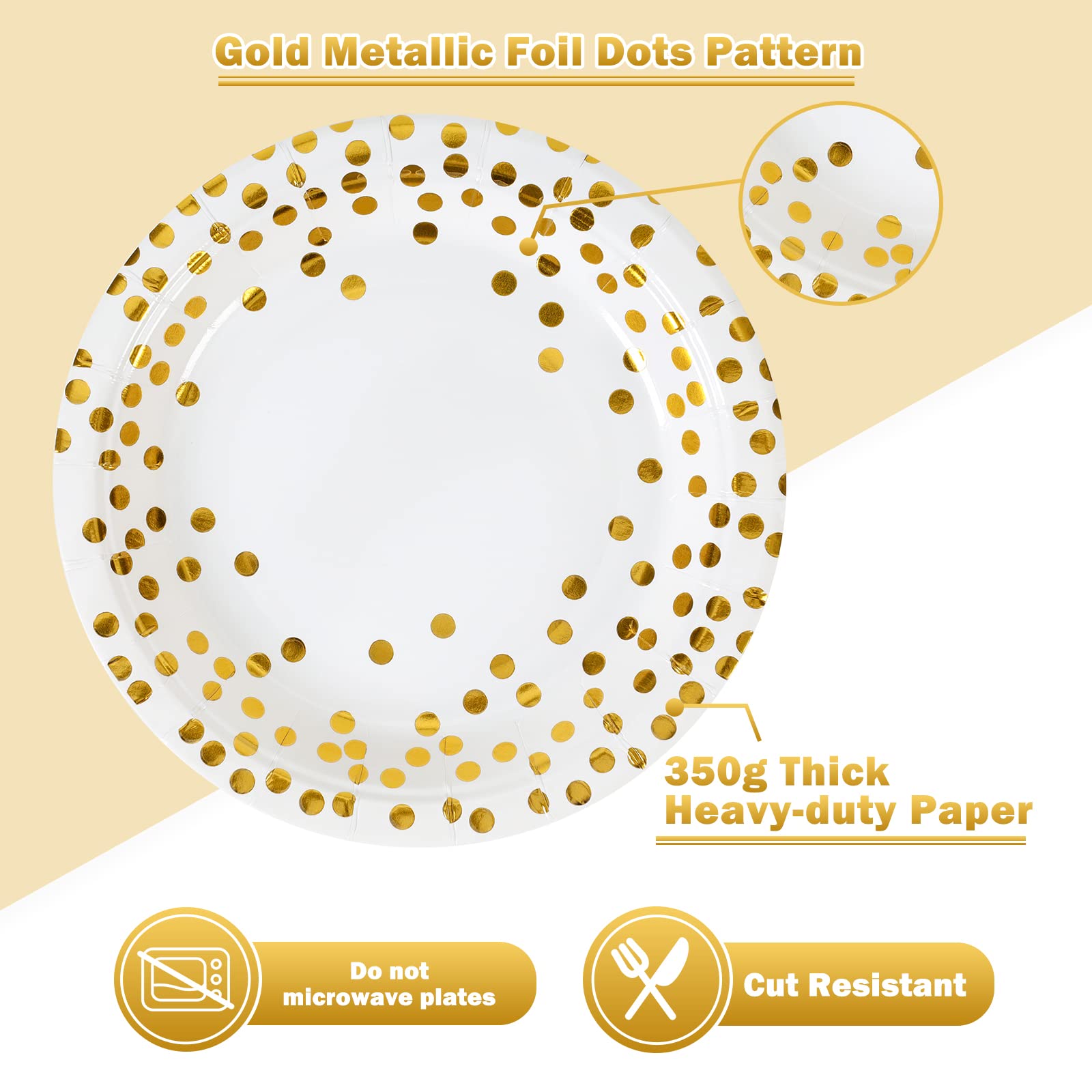 CENLBJ Disposable Plates 100 Pack - White & Gold Paper Plates 50 x 7, Gold Dot Napkins 50 x 6.5, Party Supplies for Weddings, Birthdays & All Occasions
