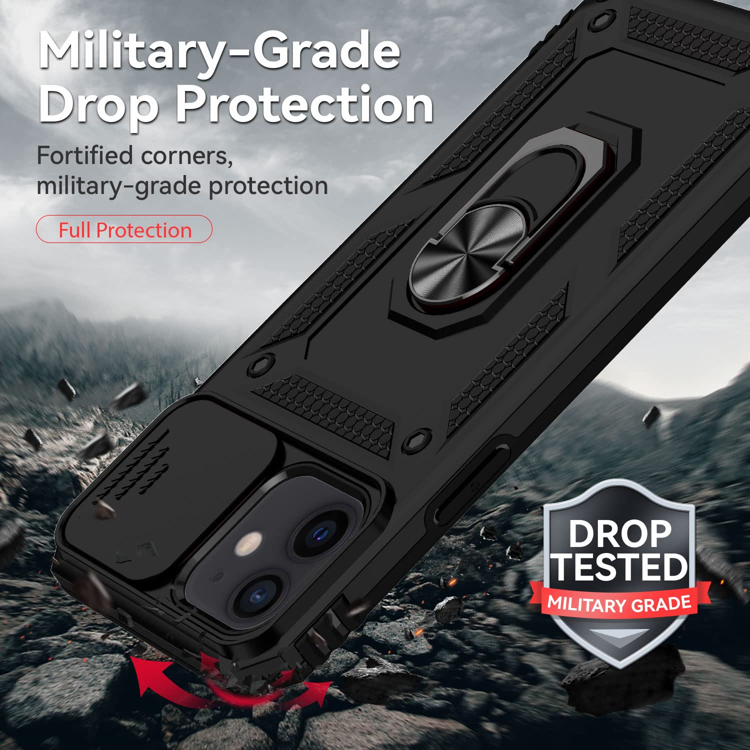 for iPhone 12 Mini Case with Camera Lens Cover HD Screen Protector, Dual Layer Military Grade Drop Protection Magnetic Ring Holder Kickstand Protective Phone Case for iPhone 12 Mini 5.4 inch (Black)