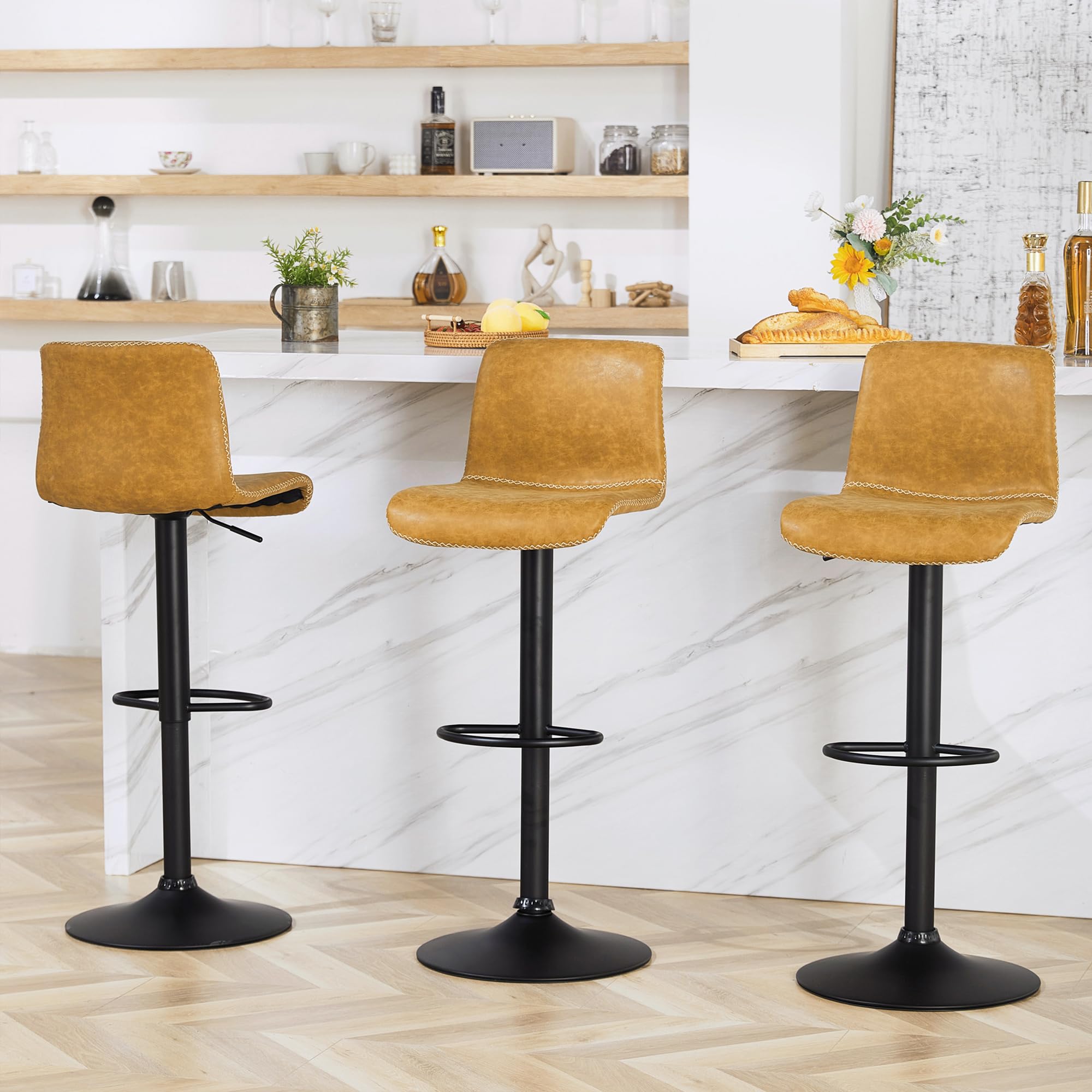 HeuGah Swivel Bar Stools Set of 4, Counter Height with Back, Adjustable Height 24" to 32", Faux Leather for Kitchen Island (Whiskey Brown, Set of 4 (24'' to 32''))