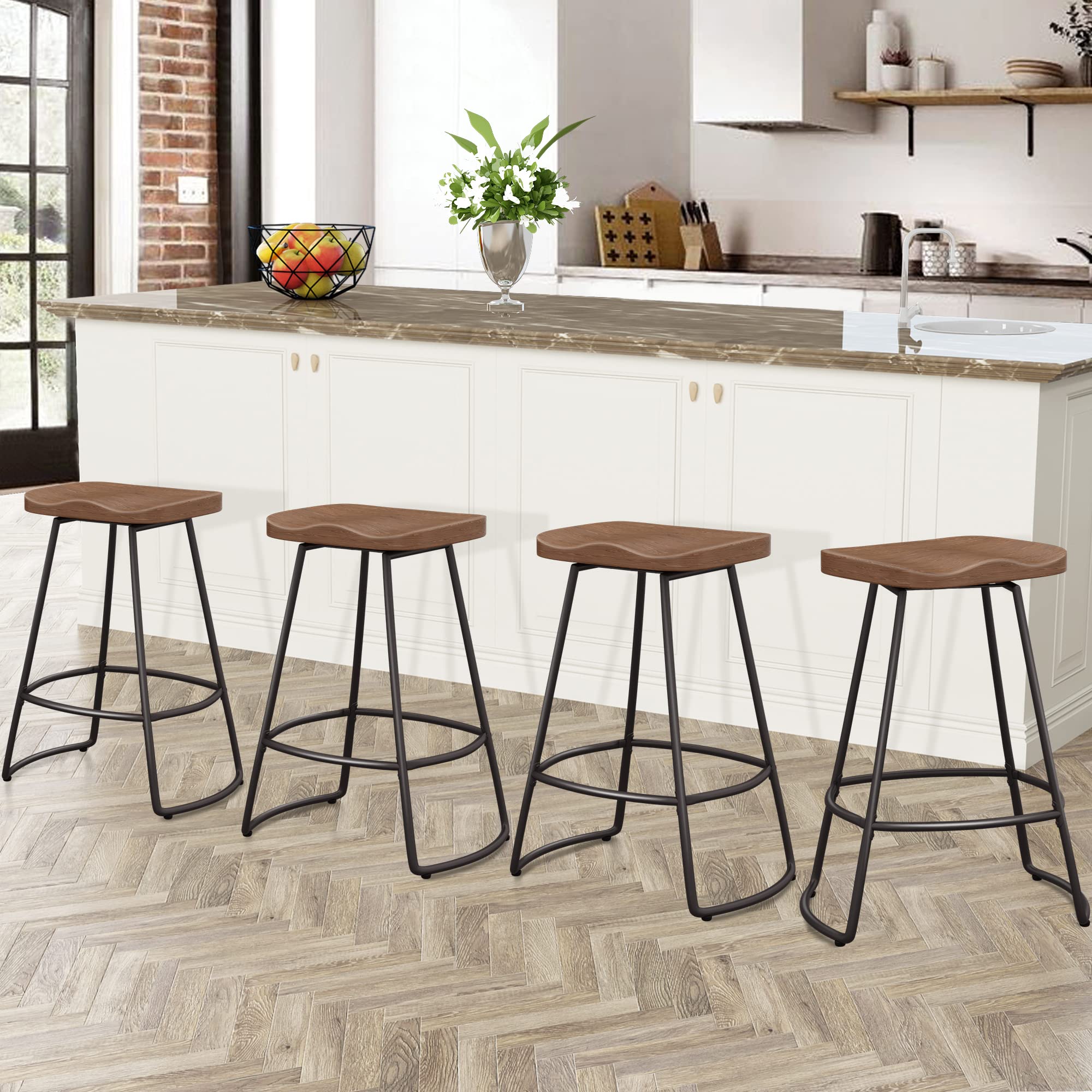 Awonde 26" Swivel Bar Stools Set of 2 Industrial Metal Counter Height Stools with Wood Top Matte Black