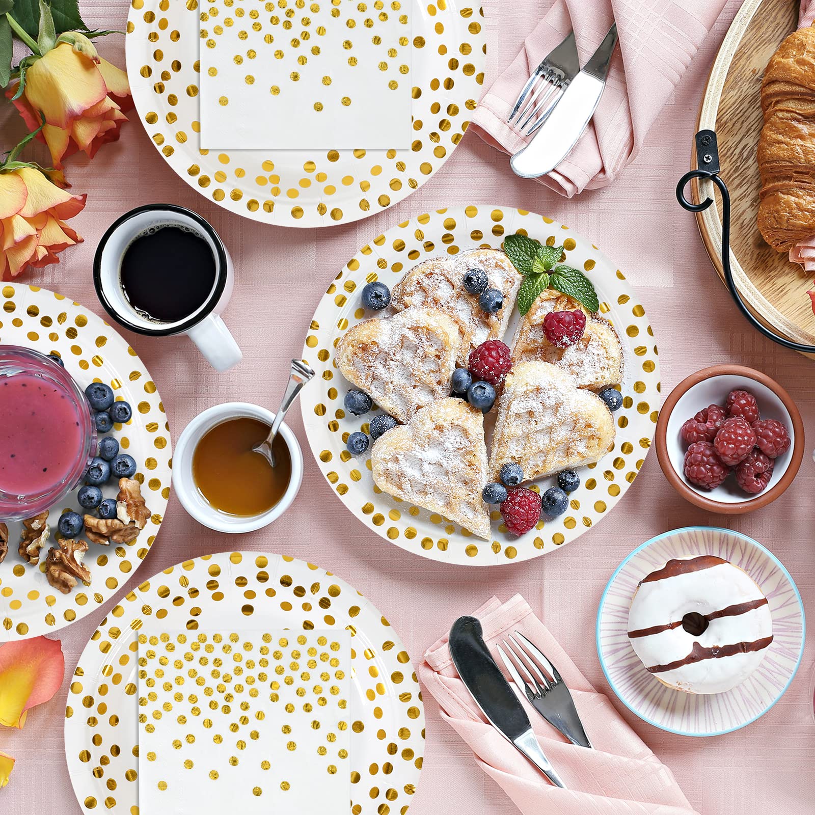 CENLBJ Disposable Plates 100 Pack - White & Gold Paper Plates 50 x 7, Gold Dot Napkins 50 x 6.5, Party Supplies for Weddings, Birthdays & All Occasions