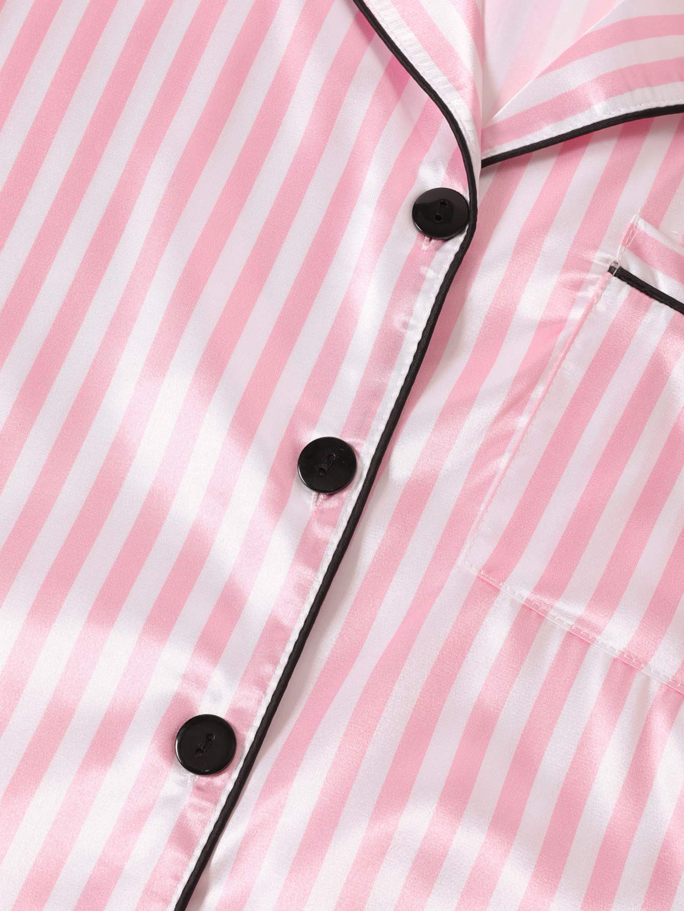 LYANER Women's Striped Silky Satin Pajamas Short Sleeve Top with Shorts Sleepwear PJ Set Pink Large