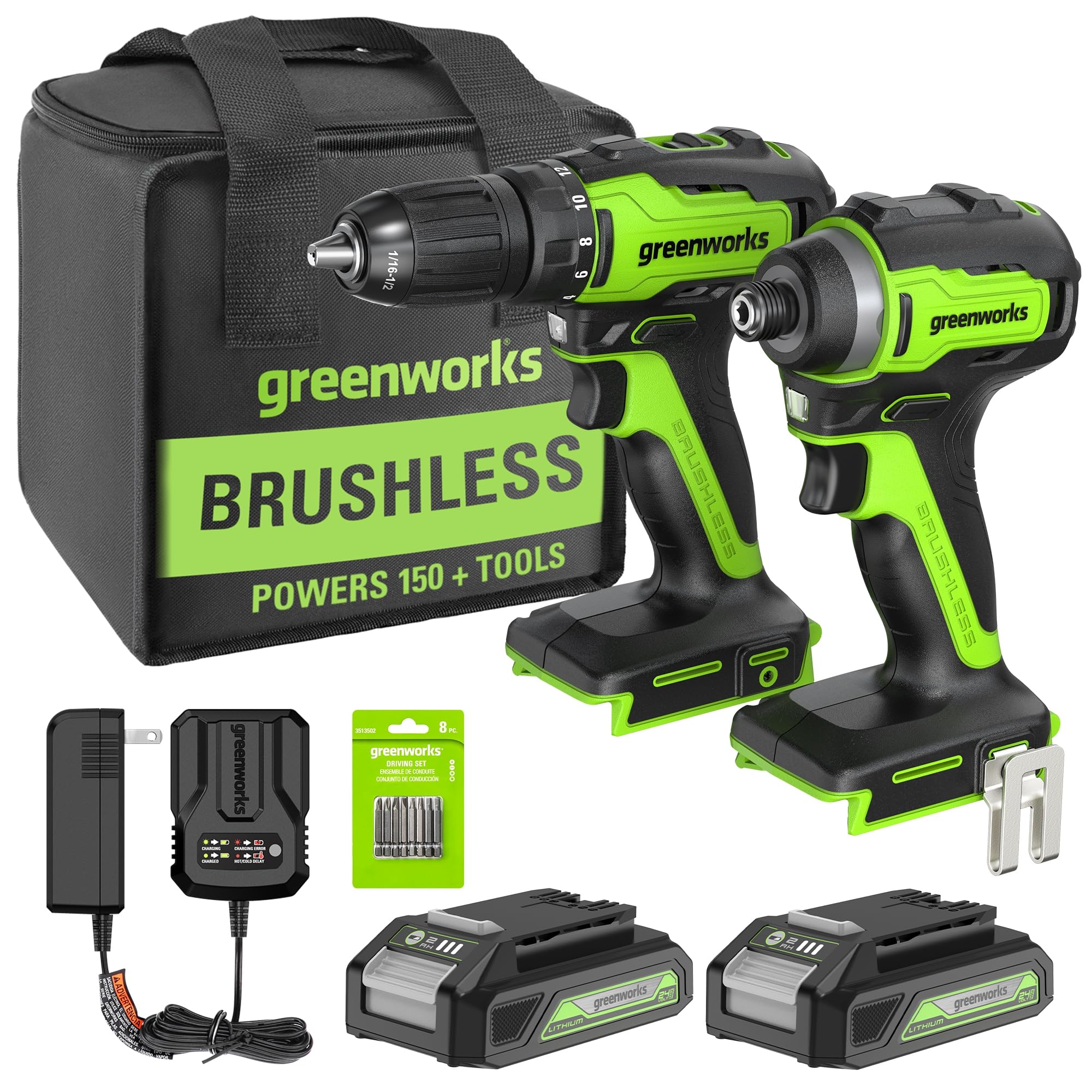Greenworks 24V Cordless Drill Impact Driver Combo kit, 1/2β Drill & 1/4β Hex Impact Driver Brushless Power Tool Kit, Included 2 Batteries, 1 Charger, 8 pcs Bit Set & Bag