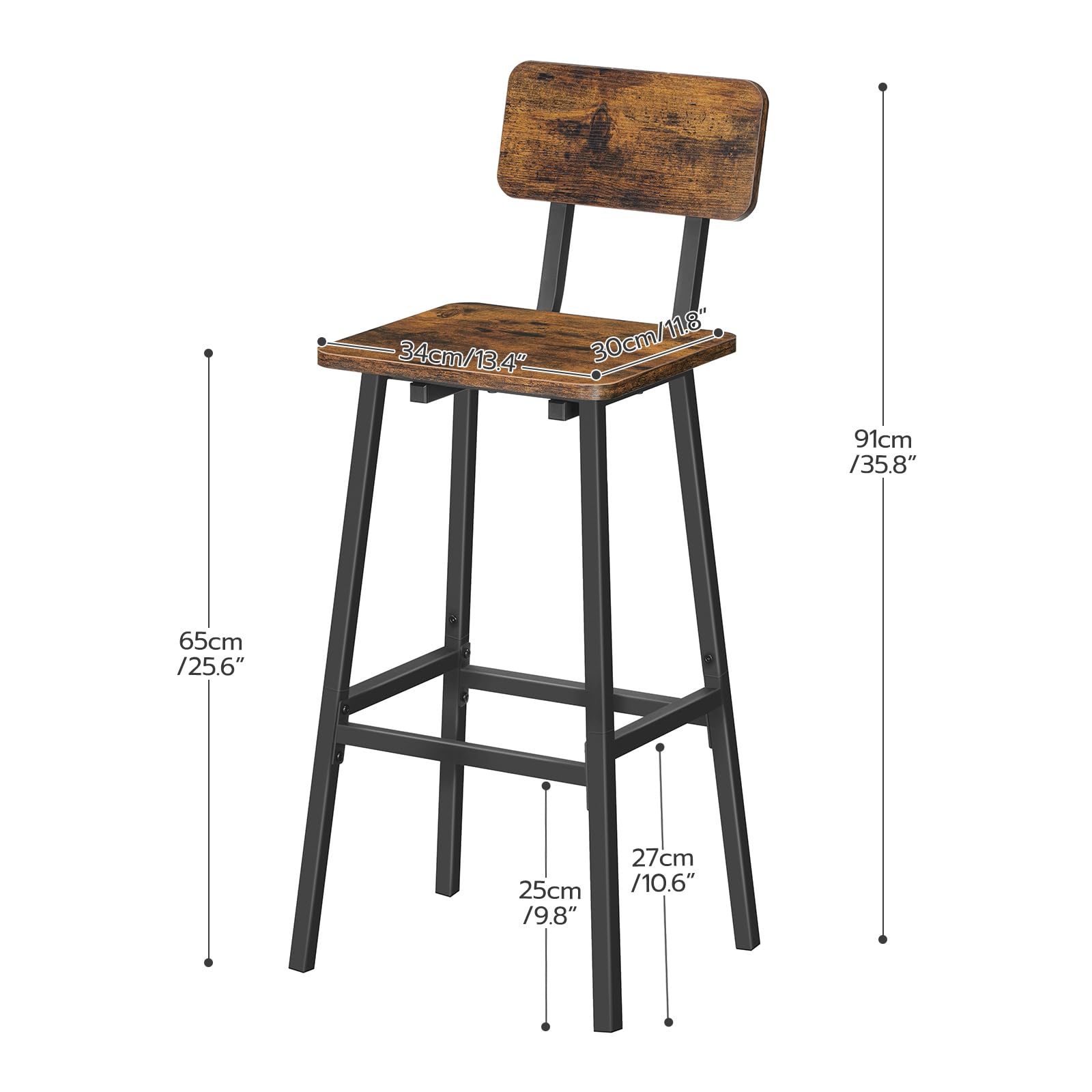 HOOBRO Bar Stools, Barstools Set of 2, Bar Chair with Backrest and Footrests, 27.8" Tall Counter Bar Stools with Industrial Style, for Kitchen, Dining Room, Bar, Cafe, Rustic Brown and Black BF83BY01