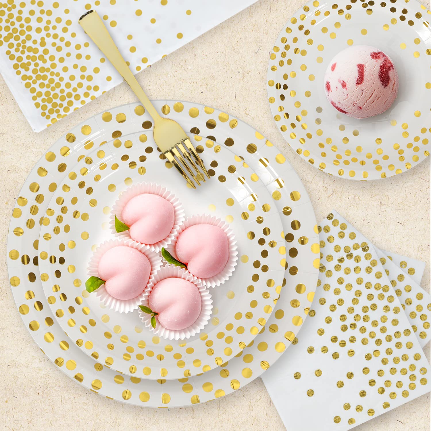 CENLBJ Disposable Plates 100 Pack - White & Gold Paper Plates 50 x 7, Gold Dot Napkins 50 x 6.5, Party Supplies for Weddings, Birthdays & All Occasions