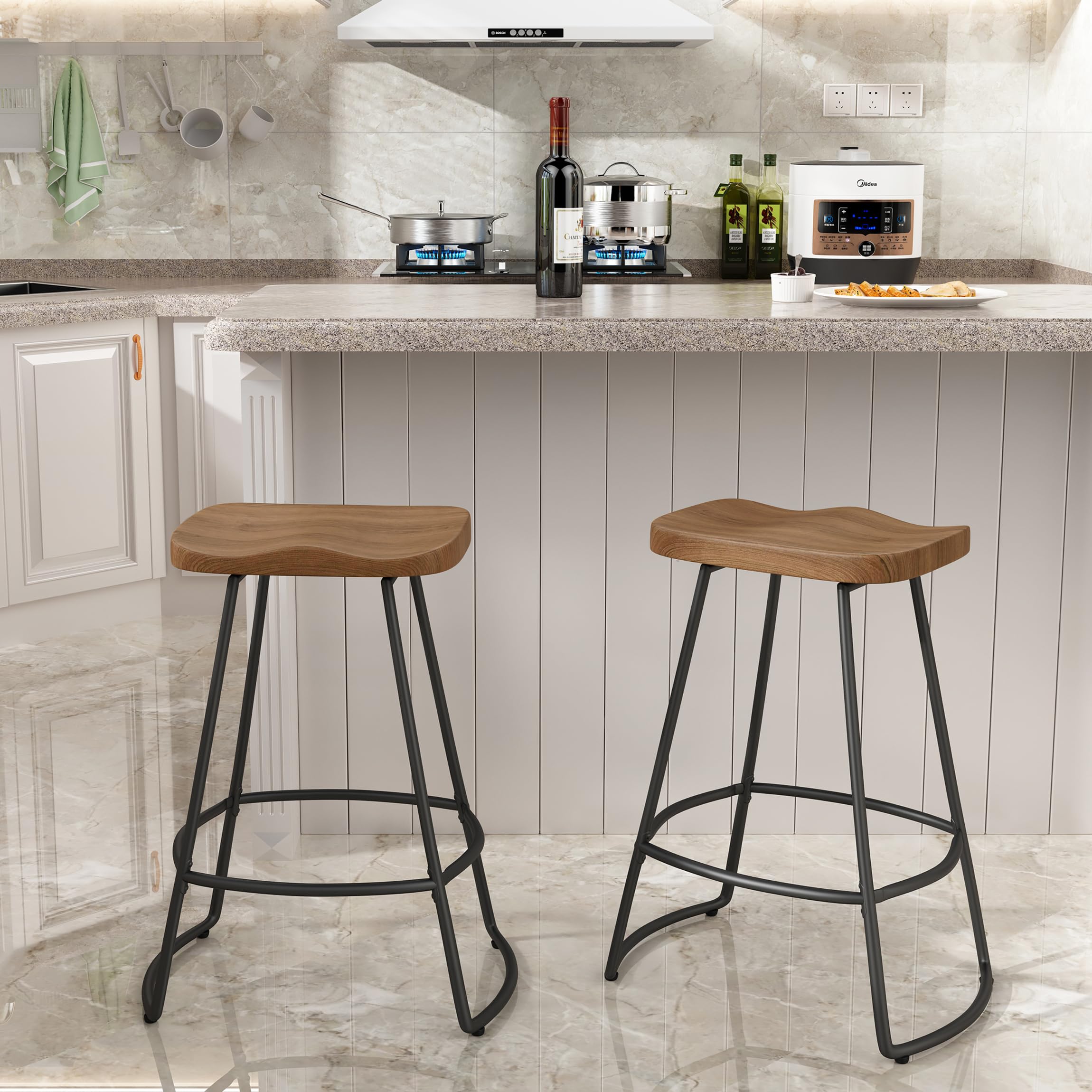 Awonde 26" Swivel Bar Stools Set of 2 Industrial Metal Counter Height Stools with Wood Top Matte Black