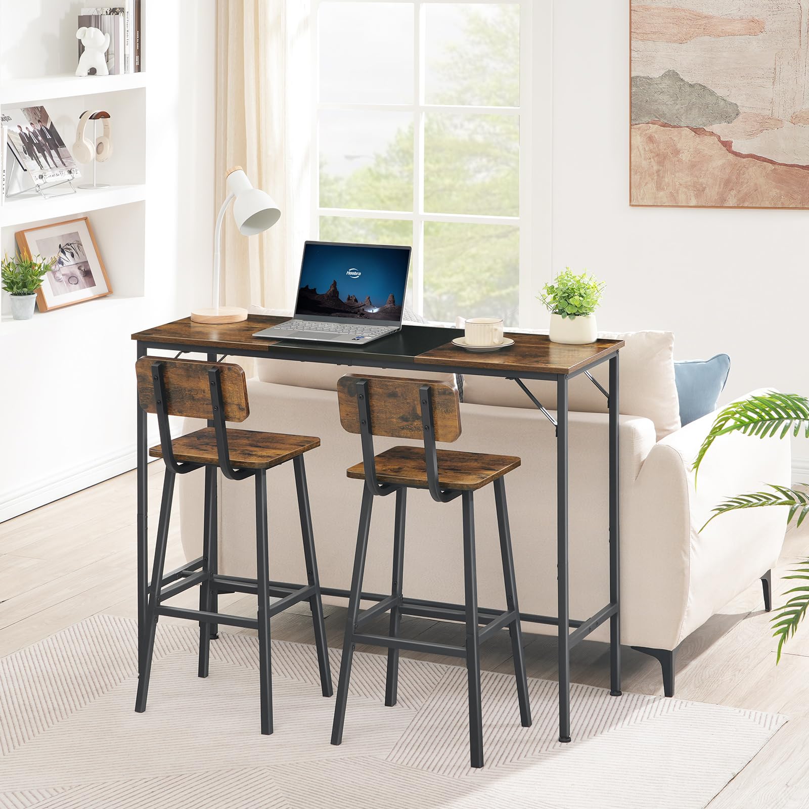 HOOBRO Bar Stools, Barstools Set of 2, Bar Chair with Backrest and Footrests, 27.8" Tall Counter Bar Stools with Industrial Style, for Kitchen, Dining Room, Bar, Cafe, Rustic Brown and Black BF83BY01