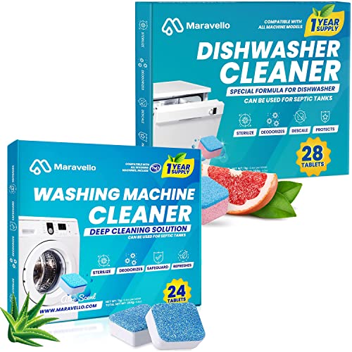 Maravello Dishwasher Cleaner And Powerful Formula Washer Cleaner Tablets For HE Front Loader And Top Load, Septic Tank Safe,12 Months Supply