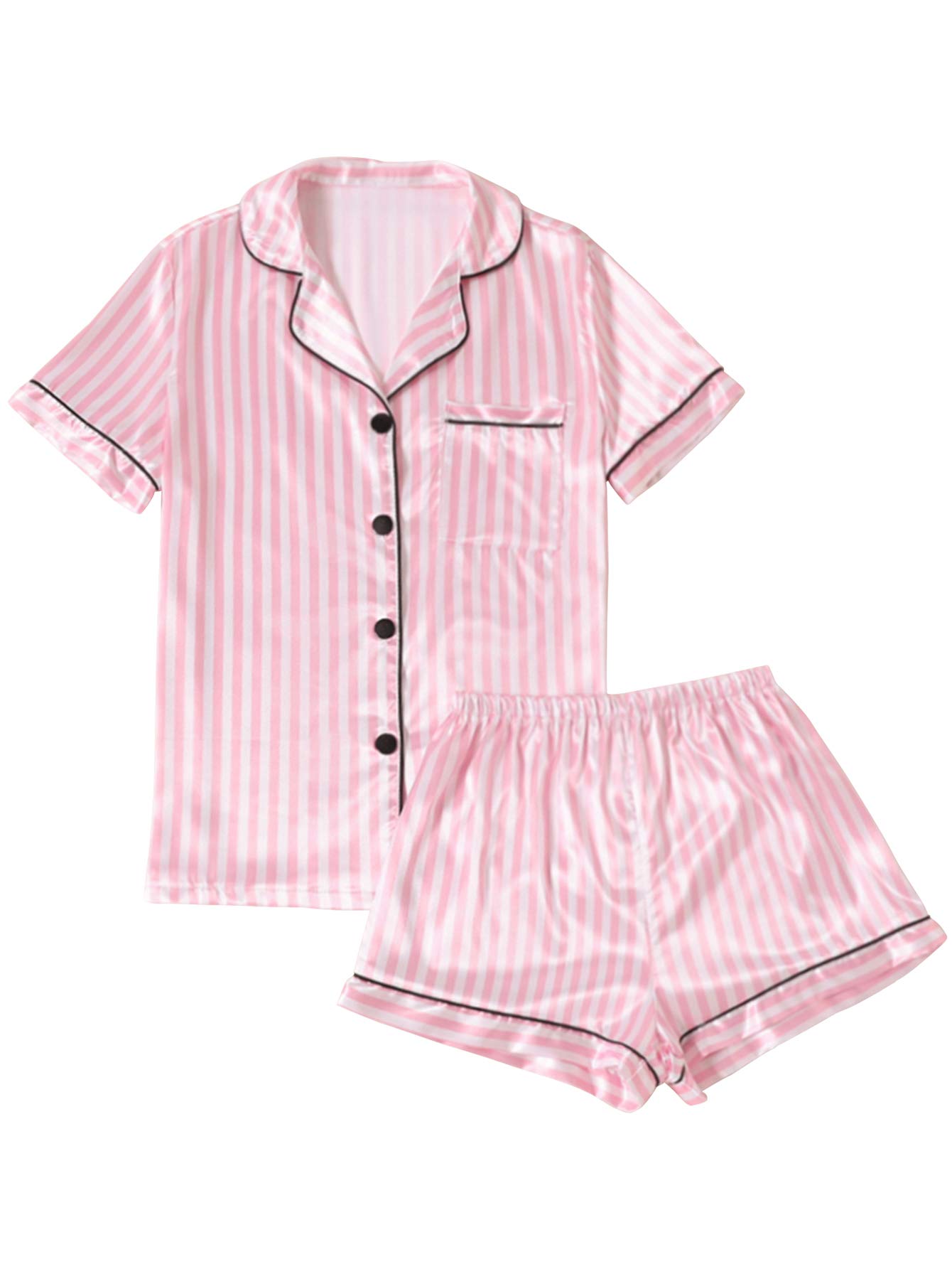 LYANER Women's Striped Silky Satin Pajamas Short Sleeve Top with Shorts Sleepwear PJ Set Pink Large