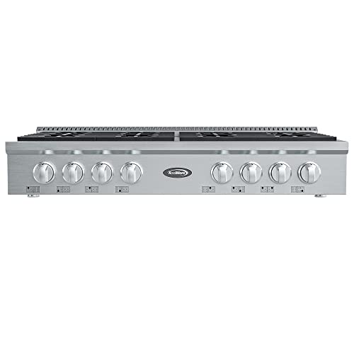 KoolMore KM-HGRT48-SS 48 Inch Natural Gas Range-Top with 8 Sealed Italian, Stainless-Steel Stovetop Knobs, Edge Cast Iron Cooking Grates, Electronic Ignition, 48" (8 Burners), Silver
