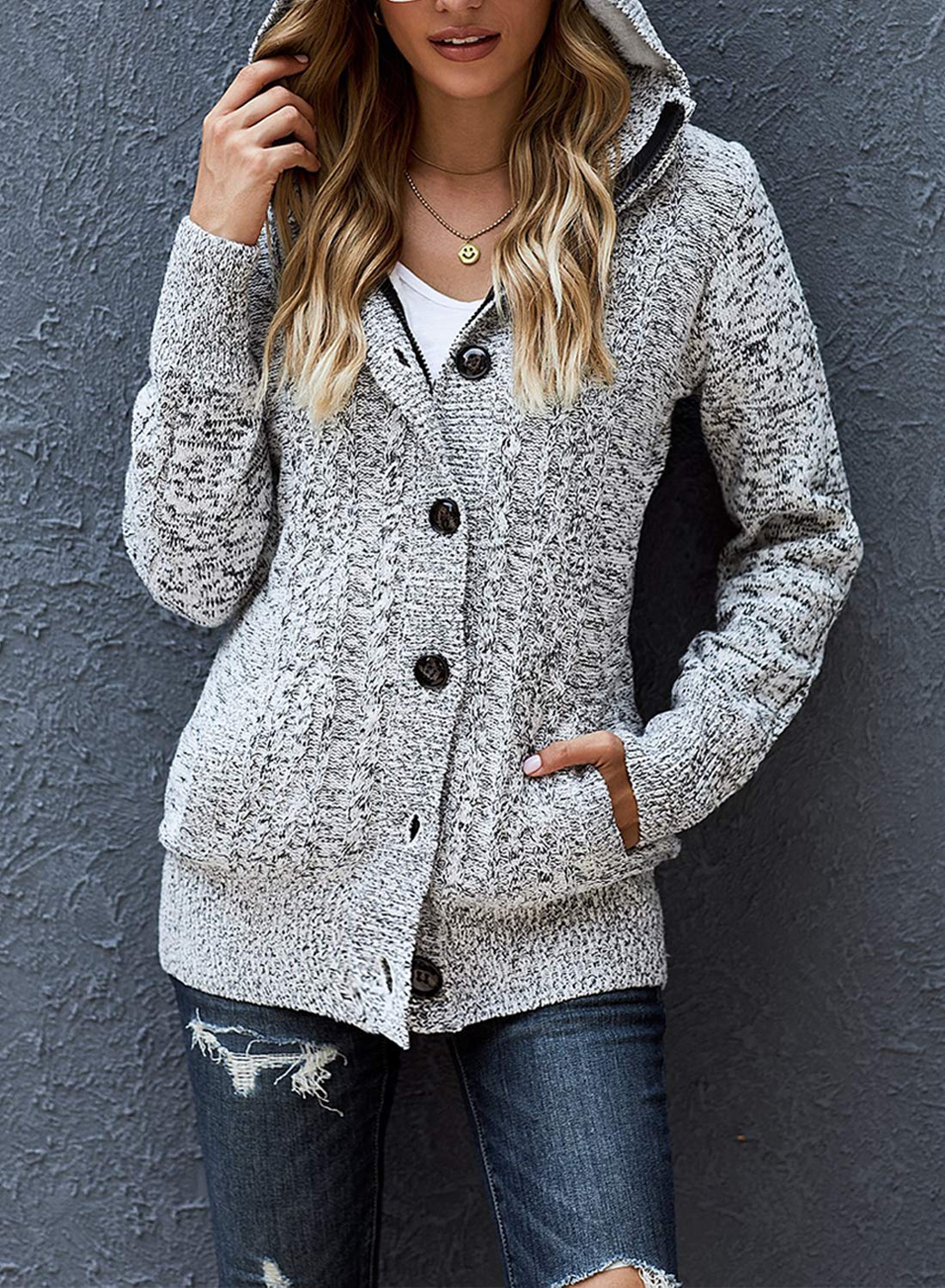 Sidefeel Women's Cardigan Hooded Fleece Lined Jackets Winter Cable Knit Sweater Coat Large Grey