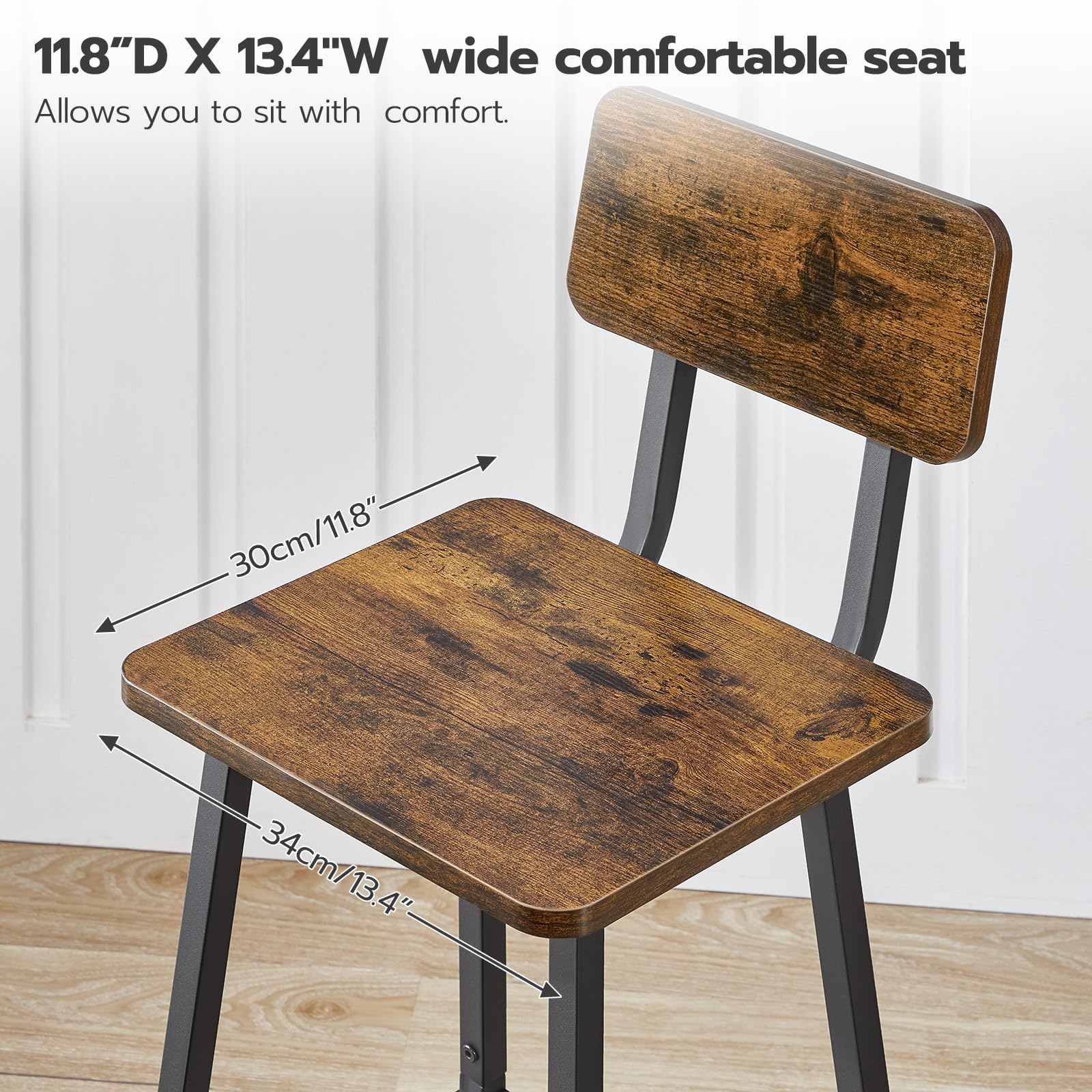 HOOBRO Bar Stools, Barstools Set of 2, Bar Chair with Backrest and Footrests, 27.8" Tall Counter Bar Stools with Industrial Style, for Kitchen, Dining Room, Bar, Cafe, Rustic Brown and Black BF83BY01