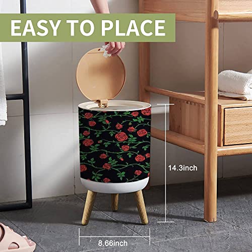 Small Trash Can with Lid Red Rose Floral Seamless with Climbing Curly Flower Green Leaf and Wood Legs Press Cover Garbage Bin Round Waste Bin Wastebasket for Kitchen Bathroom Office 7L/1.8 Gallon