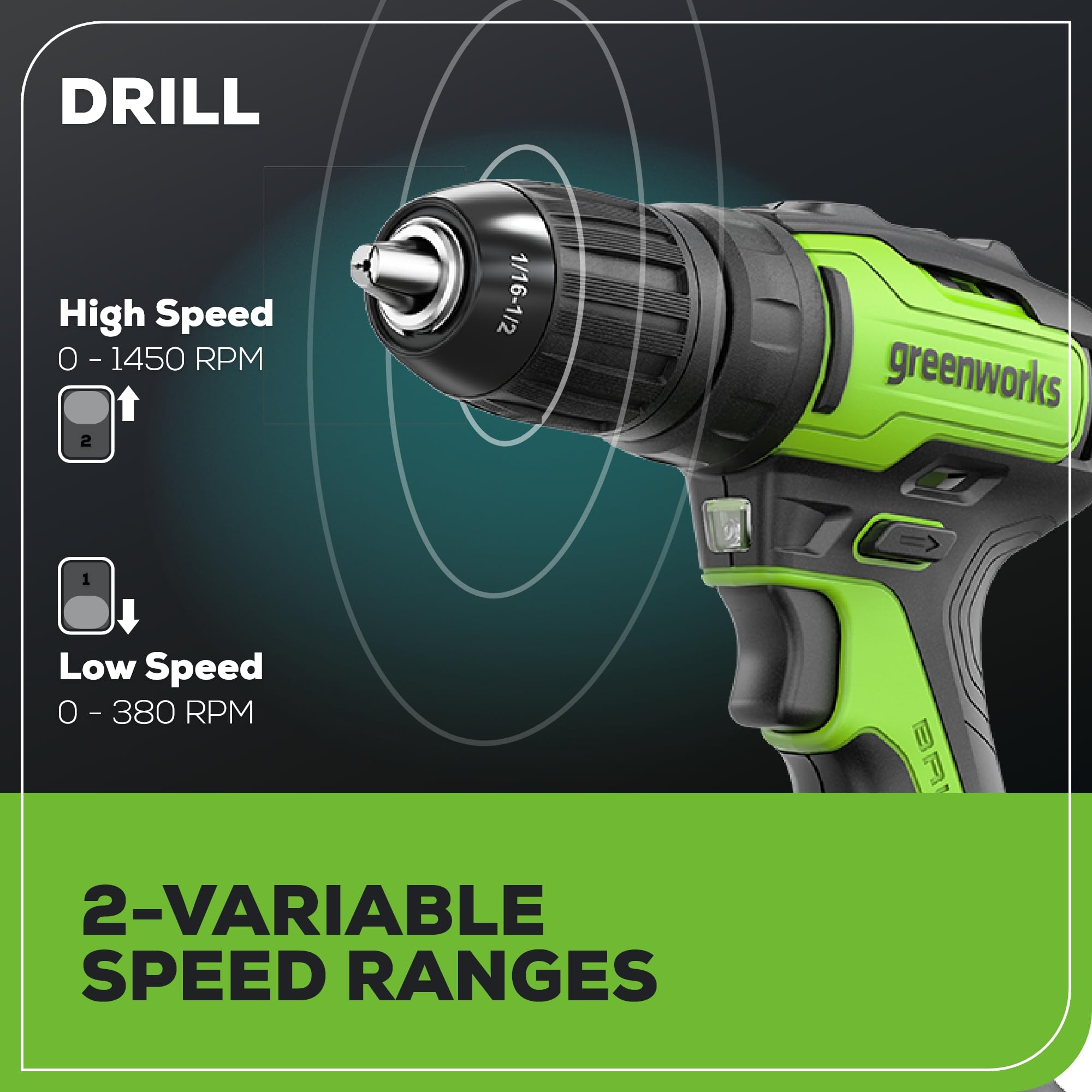Greenworks 24V Cordless Drill Impact Driver Combo kit, 1/2β Drill & 1/4β Hex Impact Driver Brushless Power Tool Kit, Included 2 Batteries, 1 Charger, 8 pcs Bit Set & Bag