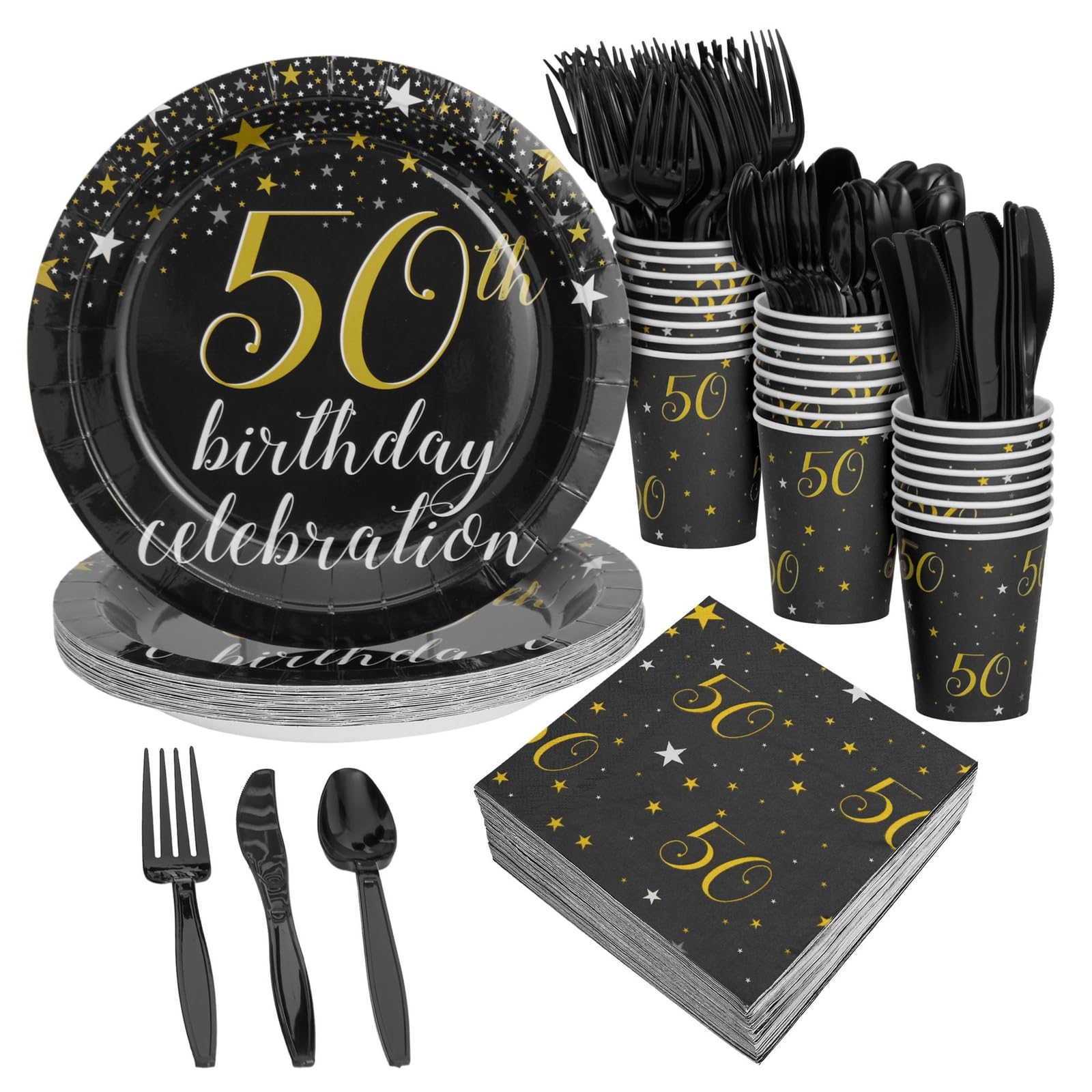 BLUE PANDA 144 Pieces 50th Birthday Party Supplies, Black and Gold Paper Plates, Napkins, Cups, Cutlery, Decorations (Serves 24) - 50th Party Decorations