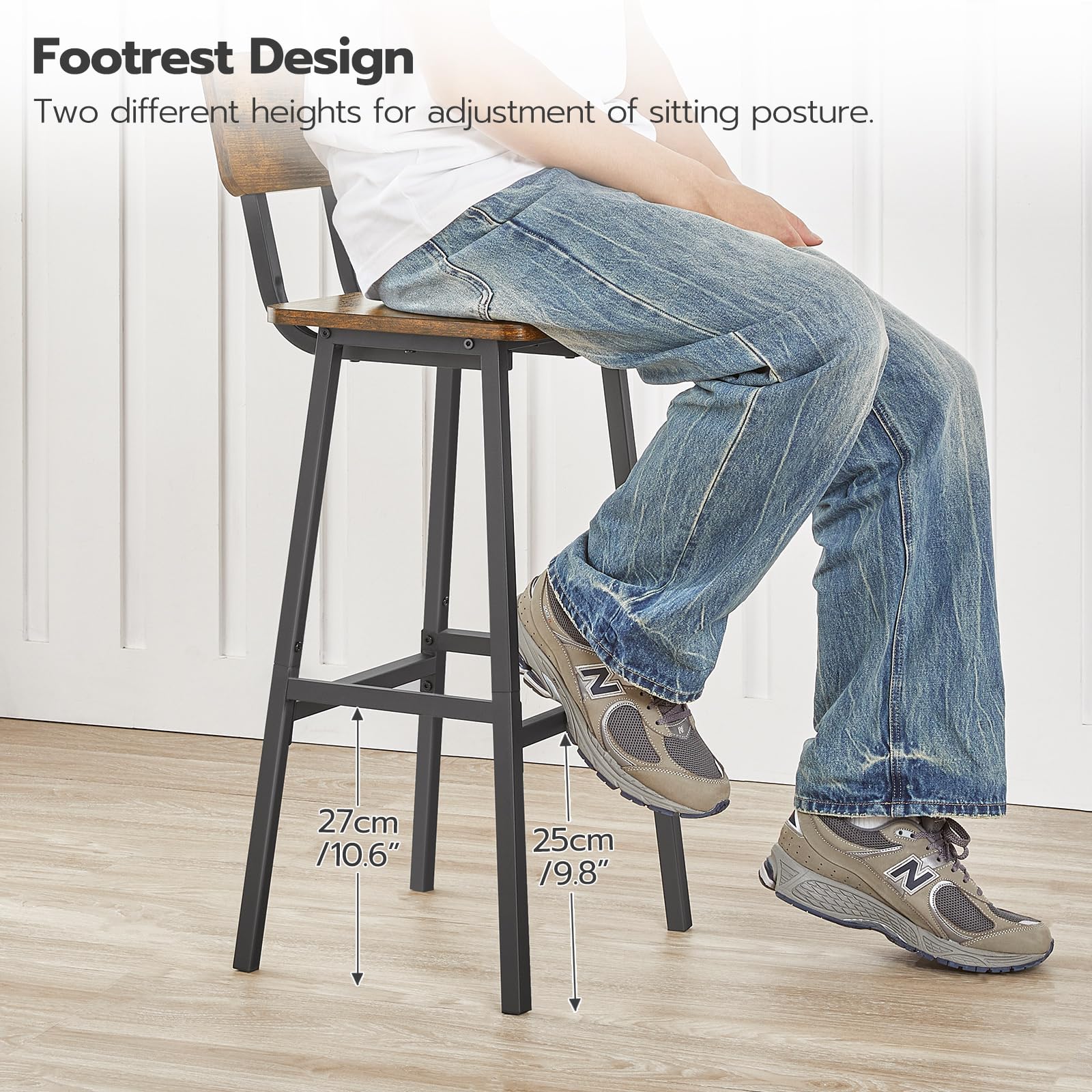 HOOBRO Bar Stools, Barstools Set of 2, Bar Chair with Backrest and Footrests, 27.8" Tall Counter Bar Stools with Industrial Style, for Kitchen, Dining Room, Bar, Cafe, Rustic Brown and Black BF83BY01