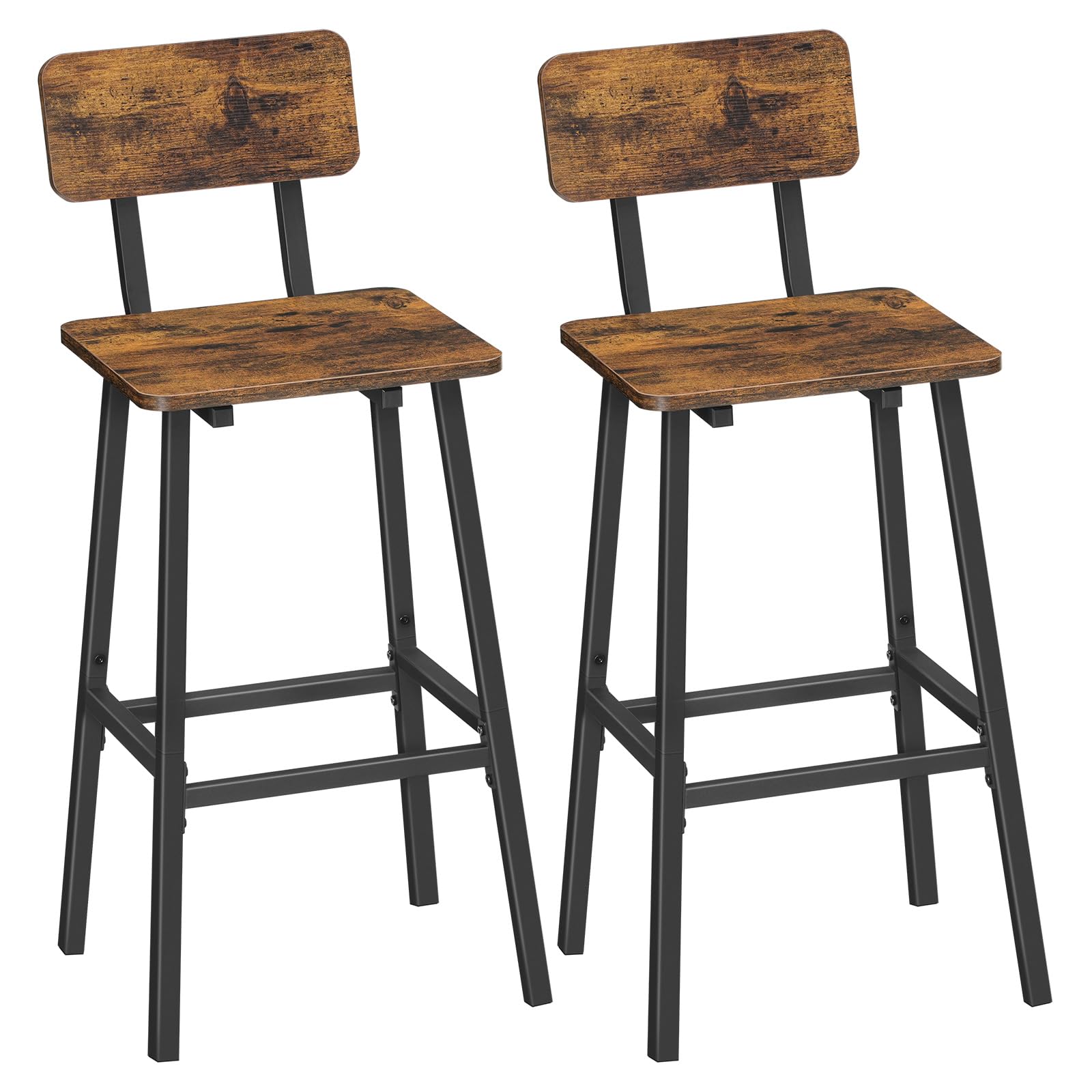 HOOBRO Bar Stools, Barstools Set of 2, Bar Chair with Backrest and Footrests, 27.8" Tall Counter Bar Stools with Industrial Style, for Kitchen, Dining Room, Bar, Cafe, Rustic Brown and Black BF83BY01