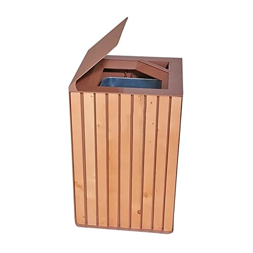 Trash Can Outdoor Square Trash Can, Large-Capacity Commercial Trash Can with Solid Steel Frame and 1 Wooden Panel, Creative Vintage Trash Can Outdoor Trash Can