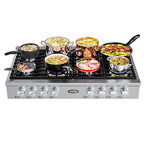 KoolMore KM-HGRT48-SS 48 Inch Natural Gas Range-Top with 8 Sealed Italian, Stainless-Steel Stovetop Knobs, Edge Cast Iron Cooking Grates, Electronic Ignition, 48" (8 Burners), Silver