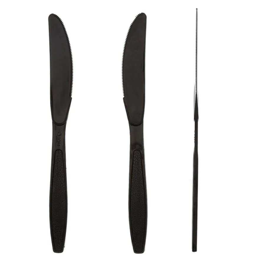 PP Heavy Duty Plastic Knife (50 Pack) - Black | Durable Utensils Reusable Cutlery Set for Home & Catering | Perfect for Restaurants, Cafes, and Food Trucks | BPA-Free and Dishwasher Safe