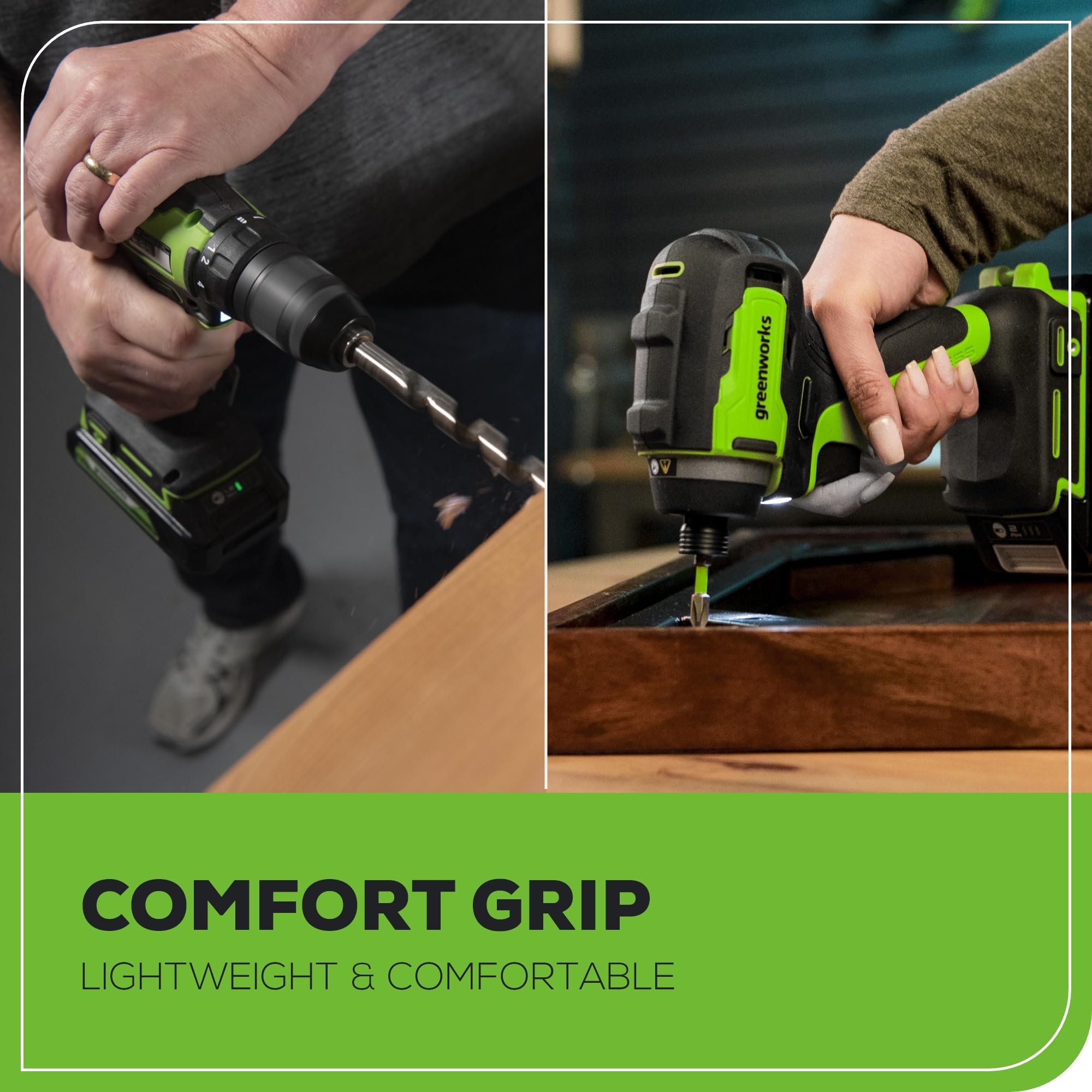 Greenworks 24V Cordless Drill Impact Driver Combo kit, 1/2β Drill & 1/4β Hex Impact Driver Brushless Power Tool Kit, Included 2 Batteries, 1 Charger, 8 pcs Bit Set & Bag