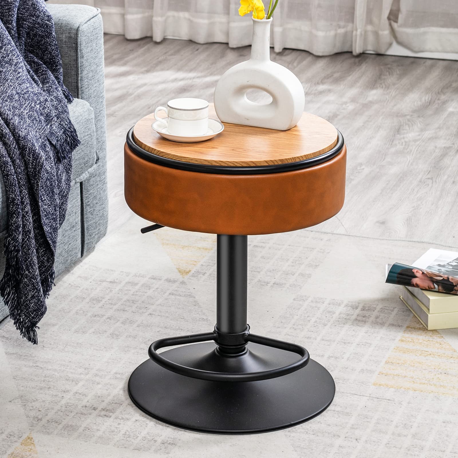 Round Storage Bar Stool Set of 2,Faux Leather Height Adjustable Barstool, 360°Counter Height Swivel Stool, Armless Bar Chair with Metal Frame for Kitchen Counter Dining Living Room Whiskey Brown