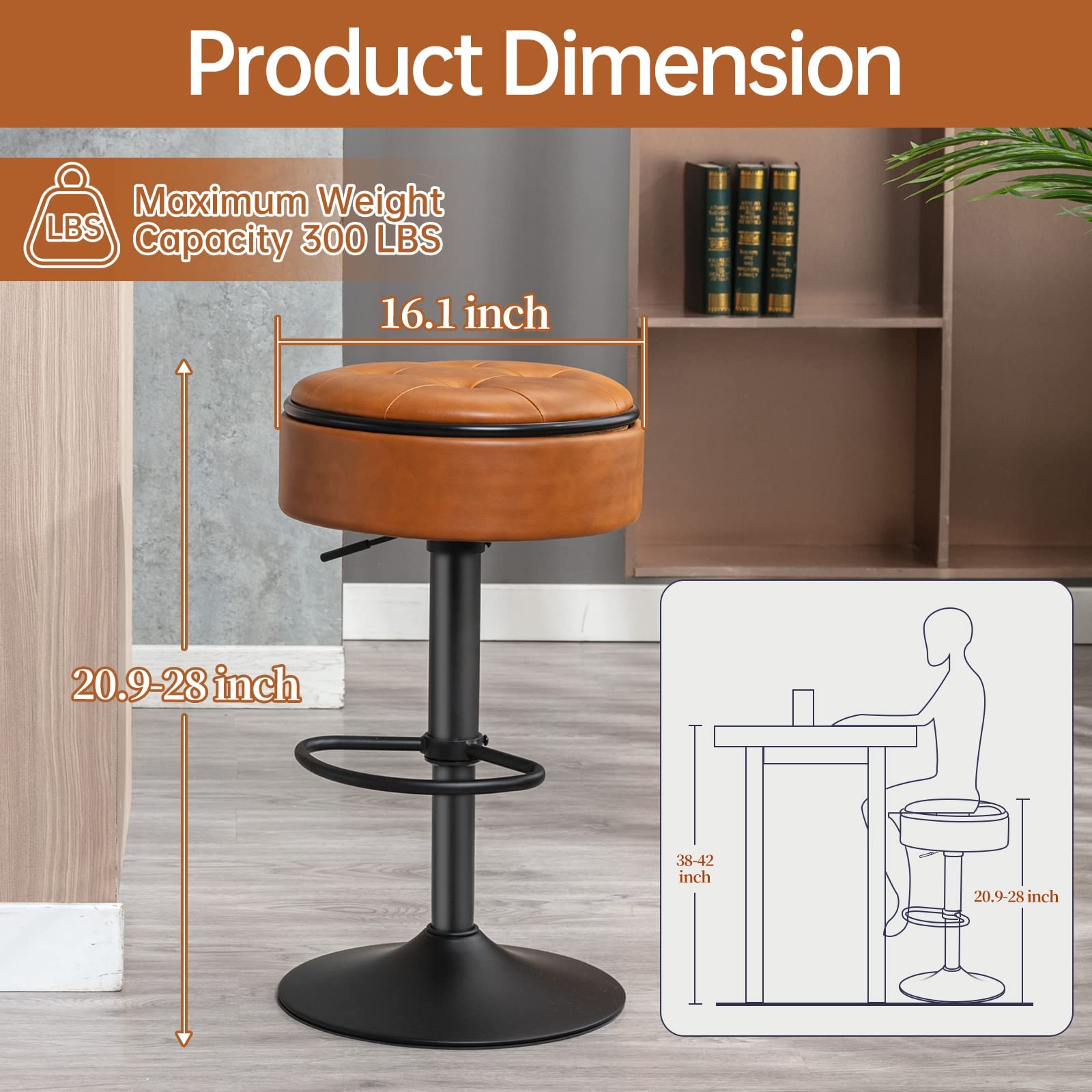 Round Storage Bar Stool Set of 2,Faux Leather Height Adjustable Barstool, 360°Counter Height Swivel Stool, Armless Bar Chair with Metal Frame for Kitchen Counter Dining Living Room Whiskey Brown
