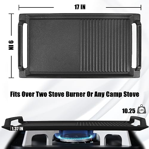 CUKOR Cast Iron Griddle, Stove Top & Gas Grill Double Burner, 17.13" x 9.06" Pre-Seasoned Indoor/Outdoor