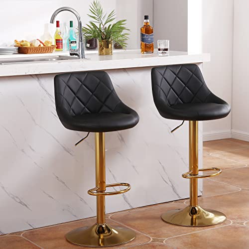 Chummaven Black PU Leather Swivel Counter Height Bar Stools, Adjustable Bar Chairs Set of 2, Modern Barstools Lift Stools with Mid Back and Gold Footrest for Kitchen Pub Dining Room Counter