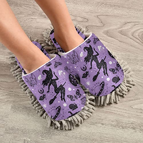 Kigai Microfiber Cleaning Slippers Spooky Halloween Pattern Purple Washable Mop Shoes Slipper for Men/Women House Floor Dust Cleaner, Size M