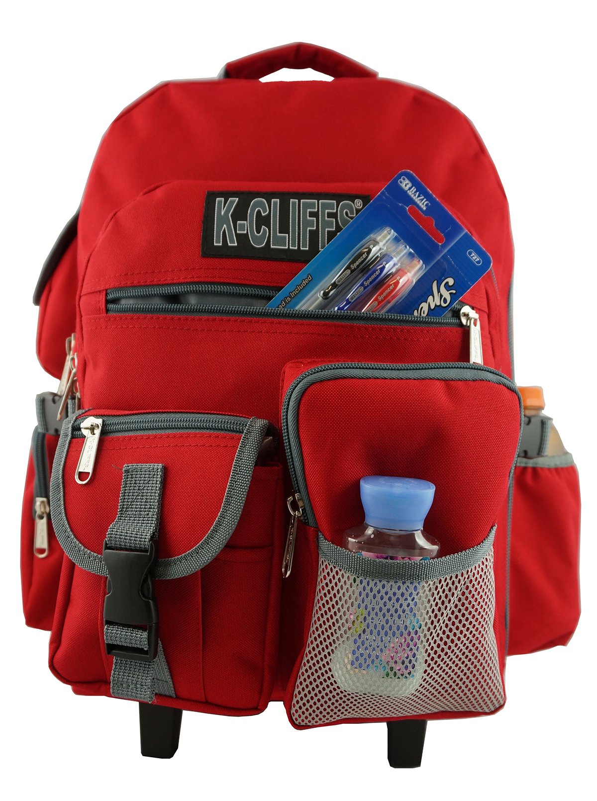 K-Cliffs Rolling Backpack Deluxe Wheeled Daypack School Student Bookbag with Wheels | Red