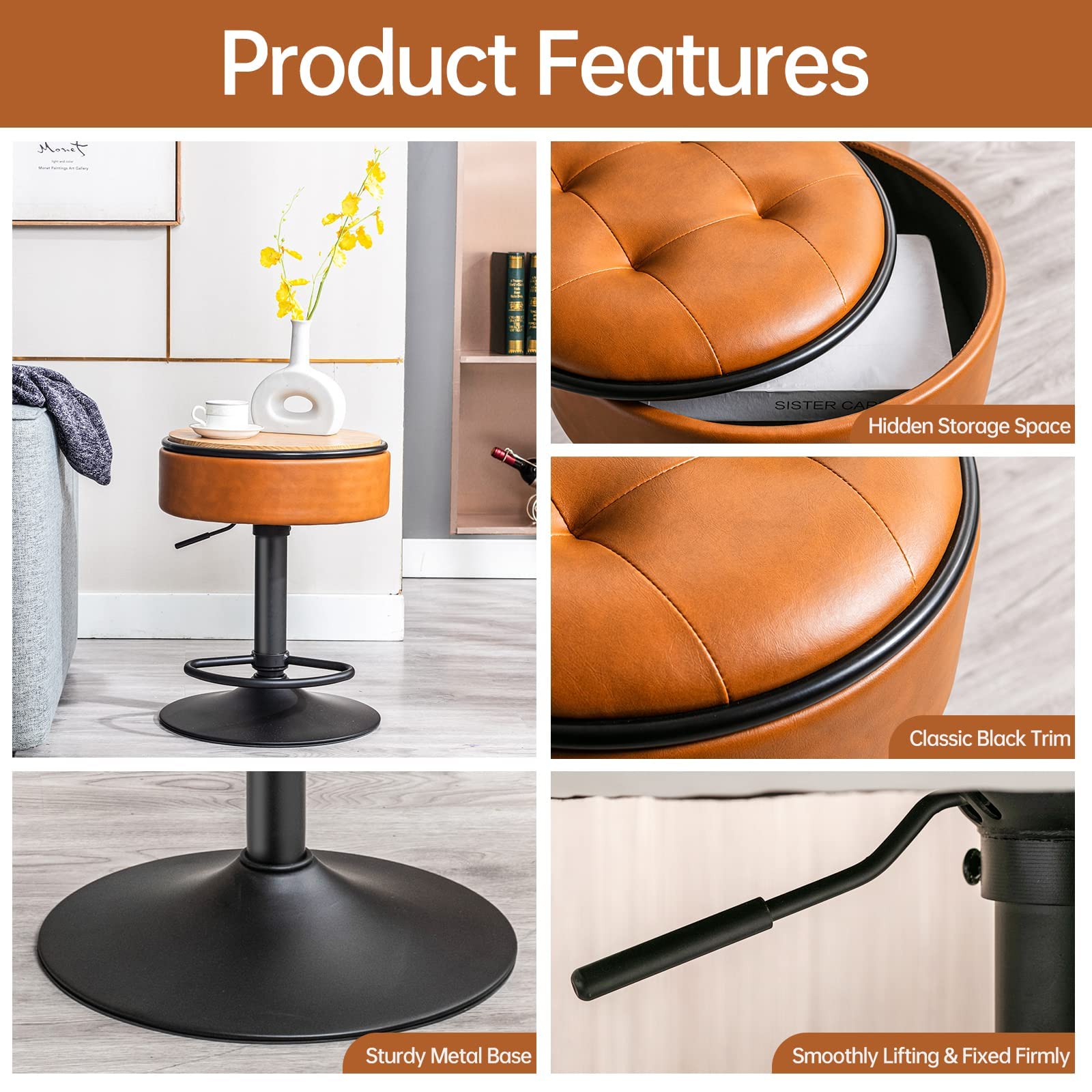 Round Storage Bar Stool Set of 2,Faux Leather Height Adjustable Barstool, 360°Counter Height Swivel Stool, Armless Bar Chair with Metal Frame for Kitchen Counter Dining Living Room Whiskey Brown