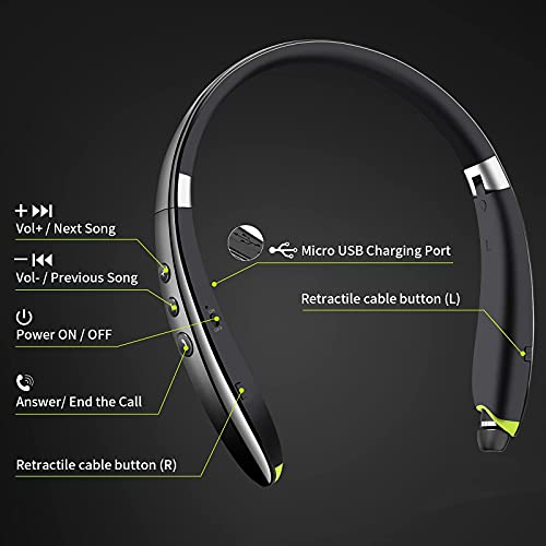 Bluetooth Headset, 2022 Upgraded Neckband Bluetooth Headphones with Retractable Earbuds, Noise Cancelling Stereo Earphones with Mic, Foldable Wireless Headphones for Sports Office with Carry Case