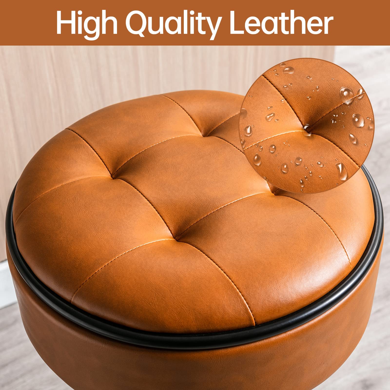 Round Storage Bar Stool Set of 2,Faux Leather Height Adjustable Barstool, 360°Counter Height Swivel Stool, Armless Bar Chair with Metal Frame for Kitchen Counter Dining Living Room Whiskey Brown