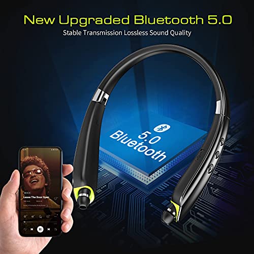 Bluetooth Headset, 2022 Upgraded Neckband Bluetooth Headphones with Retractable Earbuds, Noise Cancelling Stereo Earphones with Mic, Foldable Wireless Headphones for Sports Office with Carry Case