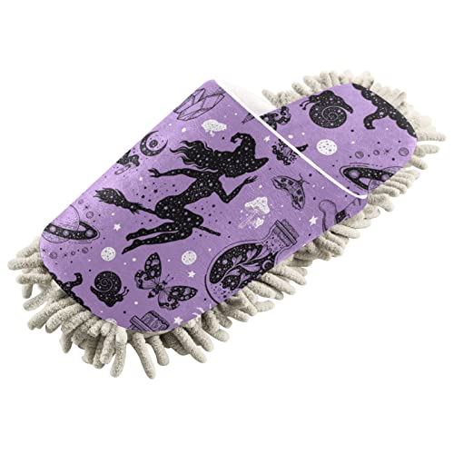 Kigai Microfiber Cleaning Slippers Spooky Halloween Pattern Purple Washable Mop Shoes Slipper for Men/Women House Floor Dust Cleaner, Size M