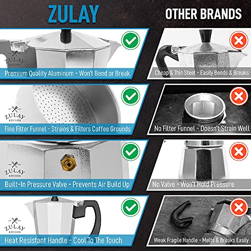 Zulay Kitchen Stovetop Espresso Maker - Moka Pot 6 Espresso Cups - Percolator Coffee Maker for Classic Cuban & Italian Style Espresso - Portable Coffee Maker for Camping & Travel - (Silver)