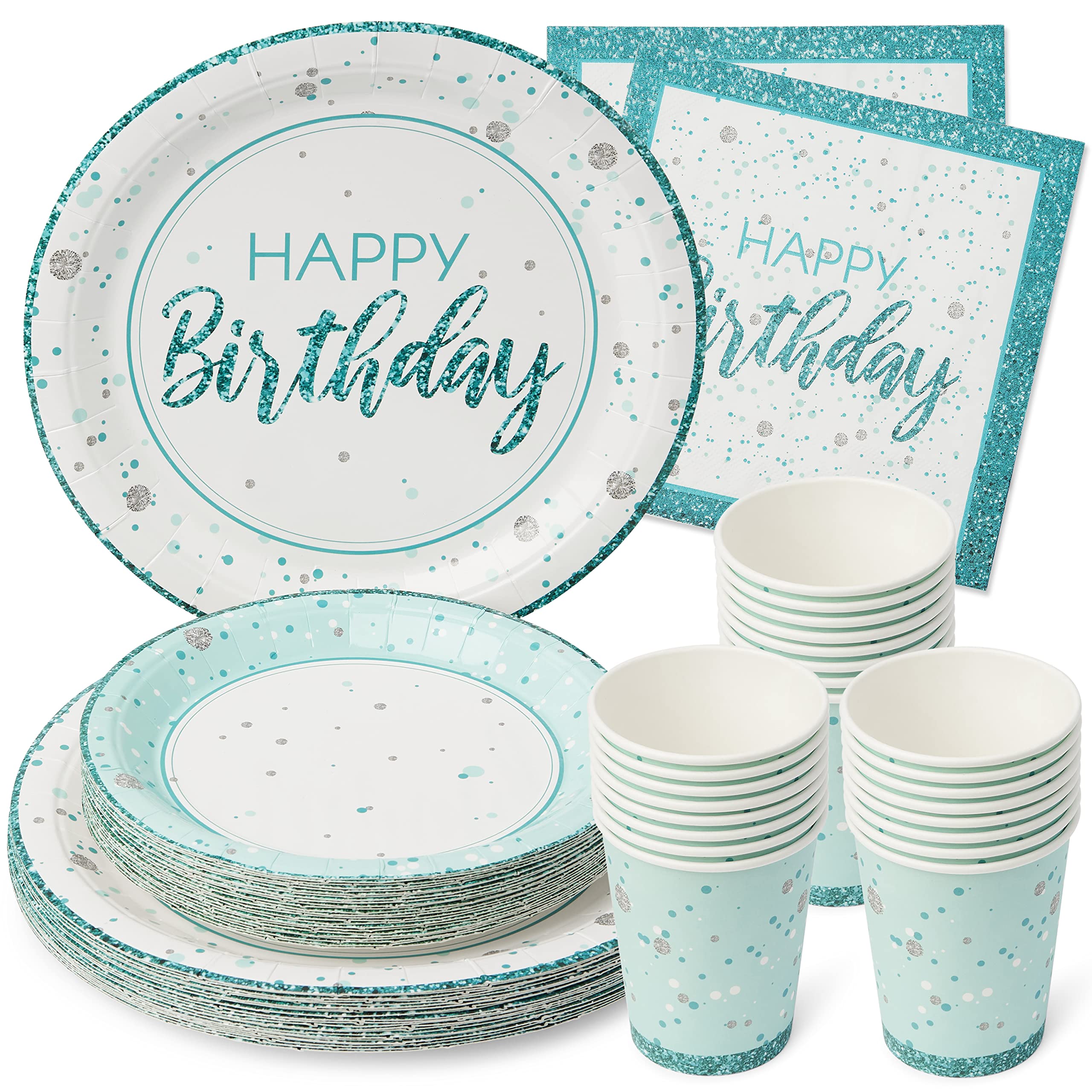 Royal Bluebonnet Teal and Silver Birthday Plates - Set of 24-9 and 7 inch Plates, Napkins, and Cups Party Supplies, Sturdy 400 GSM Weighted Teal Birthday Decorations for Women, Kids, and Tweens