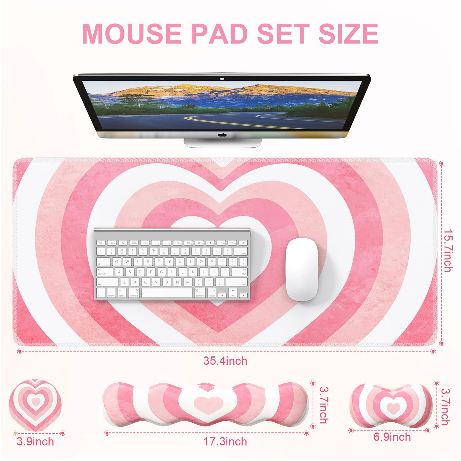 iLeadon Keyboard Mouse Pad Set, Large Gaming Mouse Pad + Keyboard Wrist Rest + Mouse Pad with Wrist Support + Coaster, Easy Typing Pain Relief, Desk Mat Set, Valentines Day Gifts for Her, Pink Heart