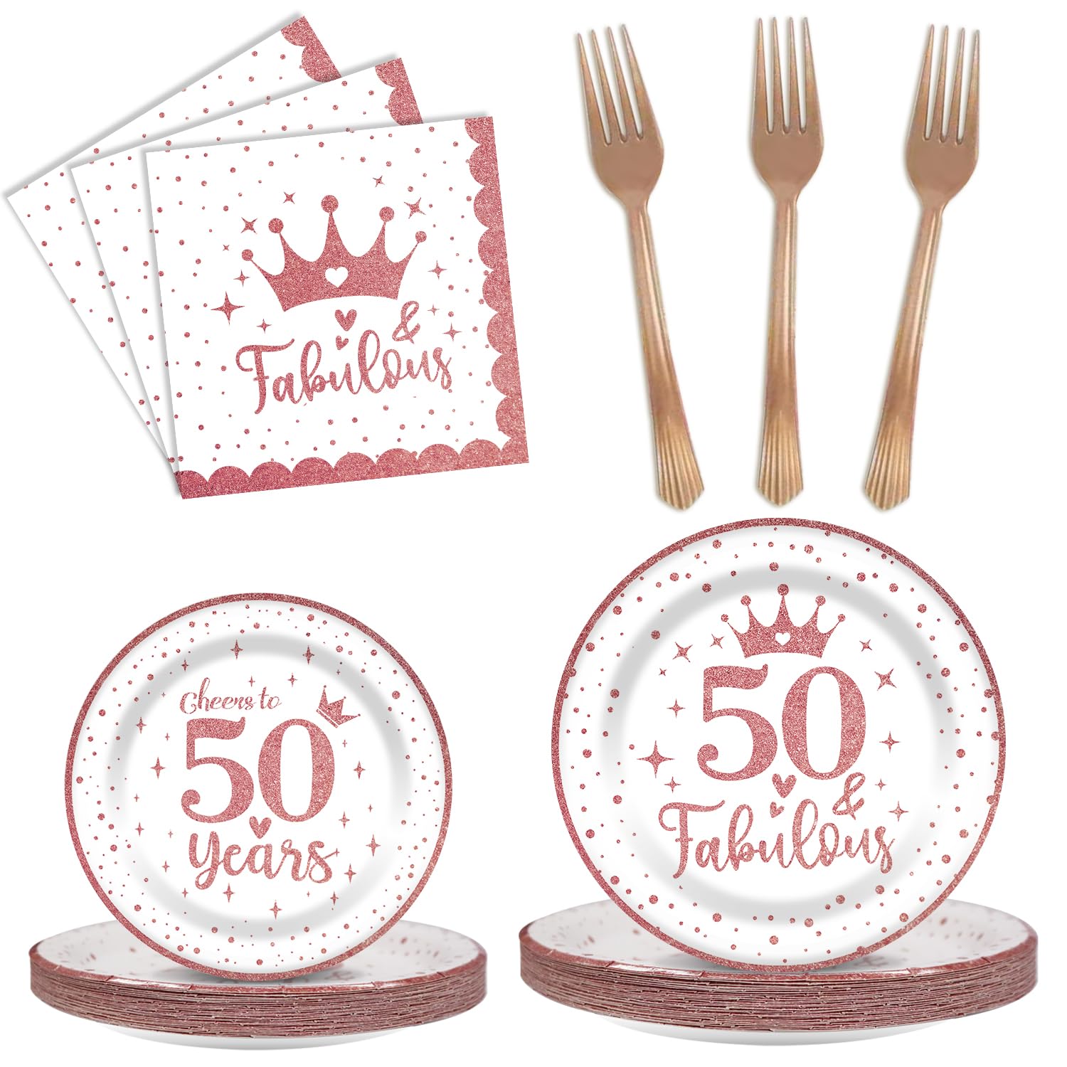 50th Birthday Tableware for Women - 96Pcs 50th Birthday Plates and Napkins | Rose Gold Party Supplies 50th Fabulous Happy Birthday Tableware Set | Cheers to 50 Years Party Decorations Serves 24 Guests