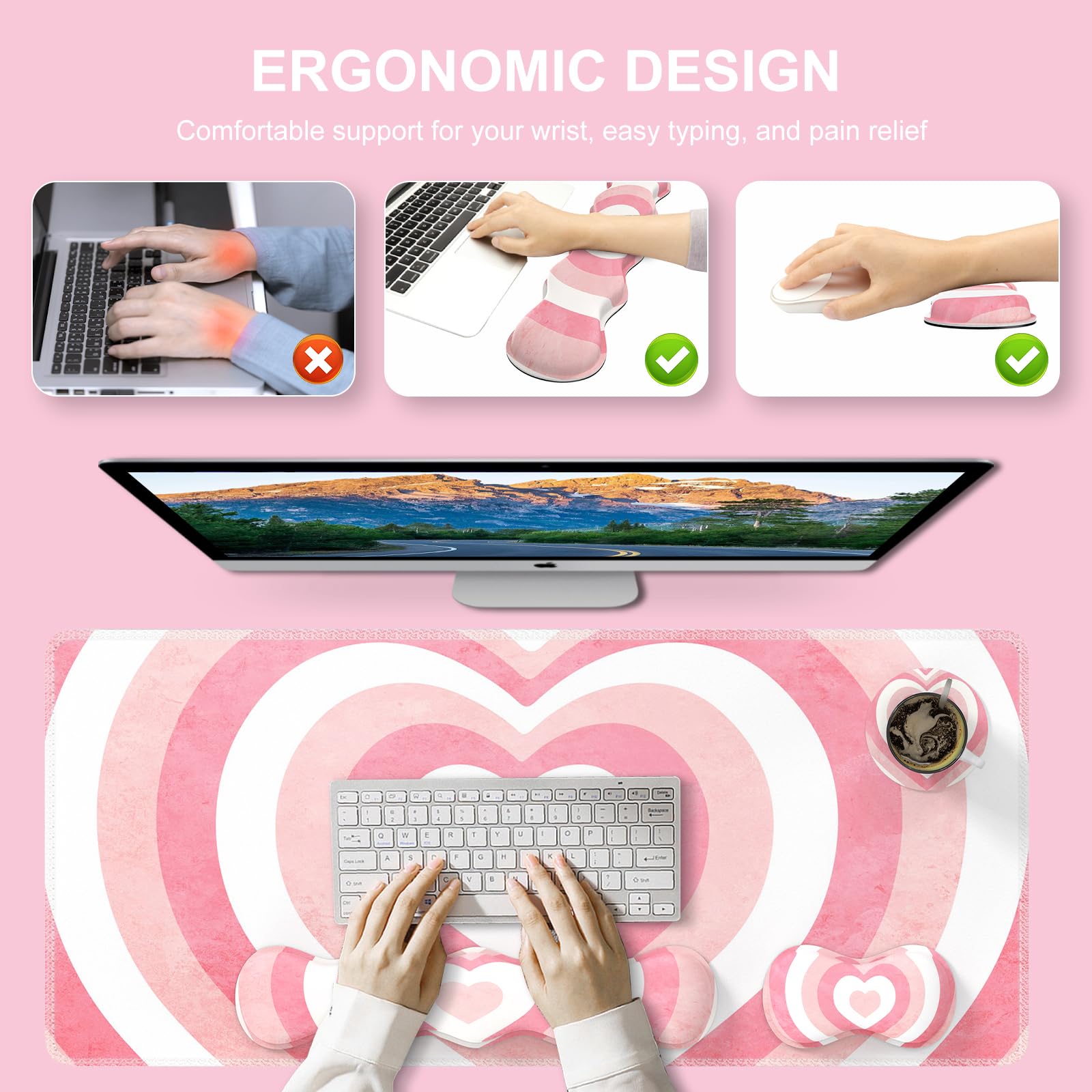 iLeadon Keyboard Mouse Pad Set, Large Gaming Mouse Pad + Keyboard Wrist Rest + Mouse Pad with Wrist Support + Coaster, Easy Typing Pain Relief, Desk Mat Set, Valentines Day Gifts for Her, Pink Heart