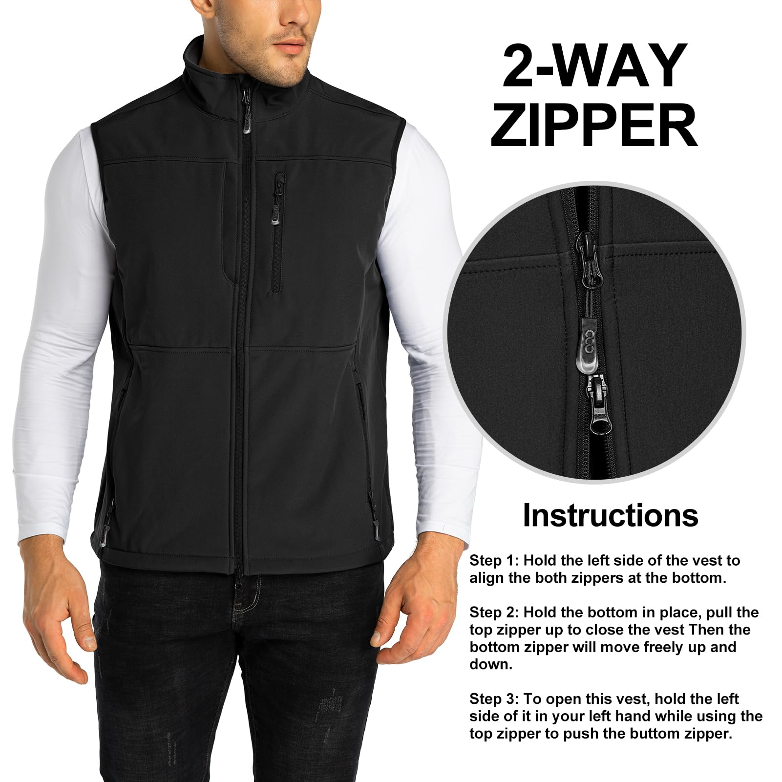 33,000ft Men's Lightweight Softshell Vest Outerwear Zip Up Fleece Lined Windproof Sleeveless Jacket for Golf Running Hiking