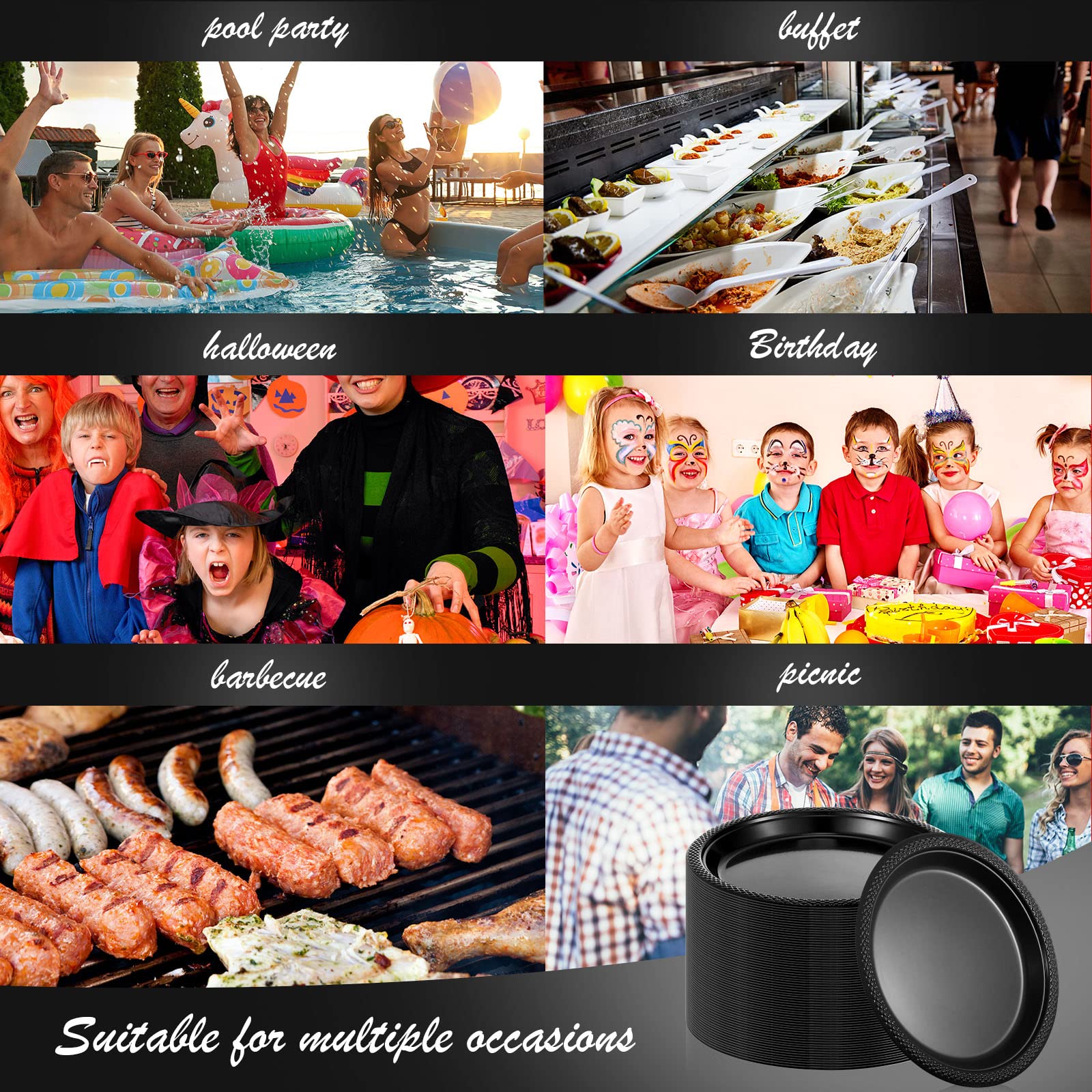 200 Pieces Black Plastic Plates Bulk Disposable Round Plates Black Party Supplies 6 Inch 7 Inch Plates Set for Salad Dessert Cake Home Birthday Wedding Party Event Picnic Dinner BBQ Plates Pack