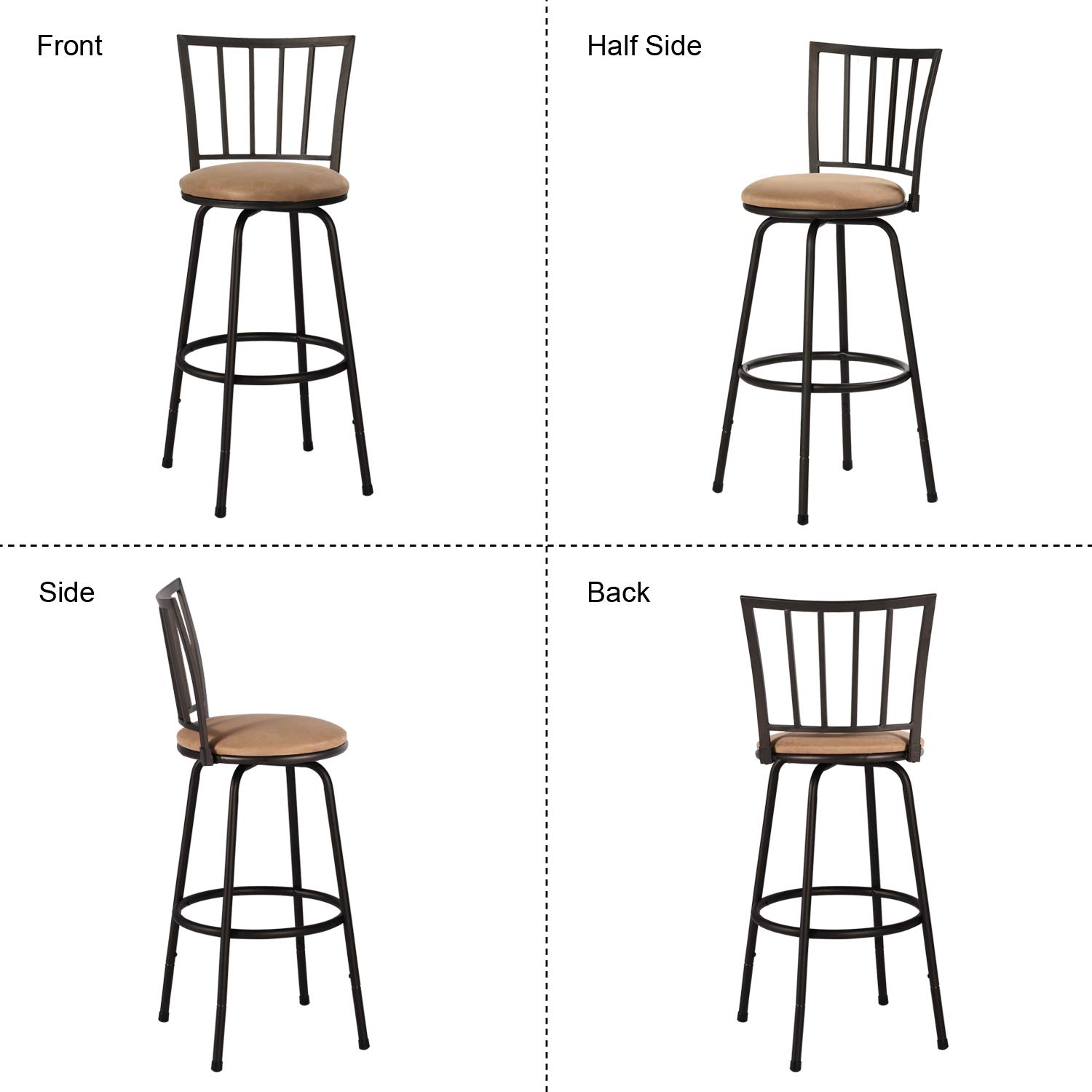 VECELO Bar Stools Set of 4,Adjustable Counter Height Stools with Bentwood Back,Armrest&Footrest,Swivel PU Leather Bar Chairs for Kitchen Island,Coffee Shop and Salon,Black,Curveback Classic