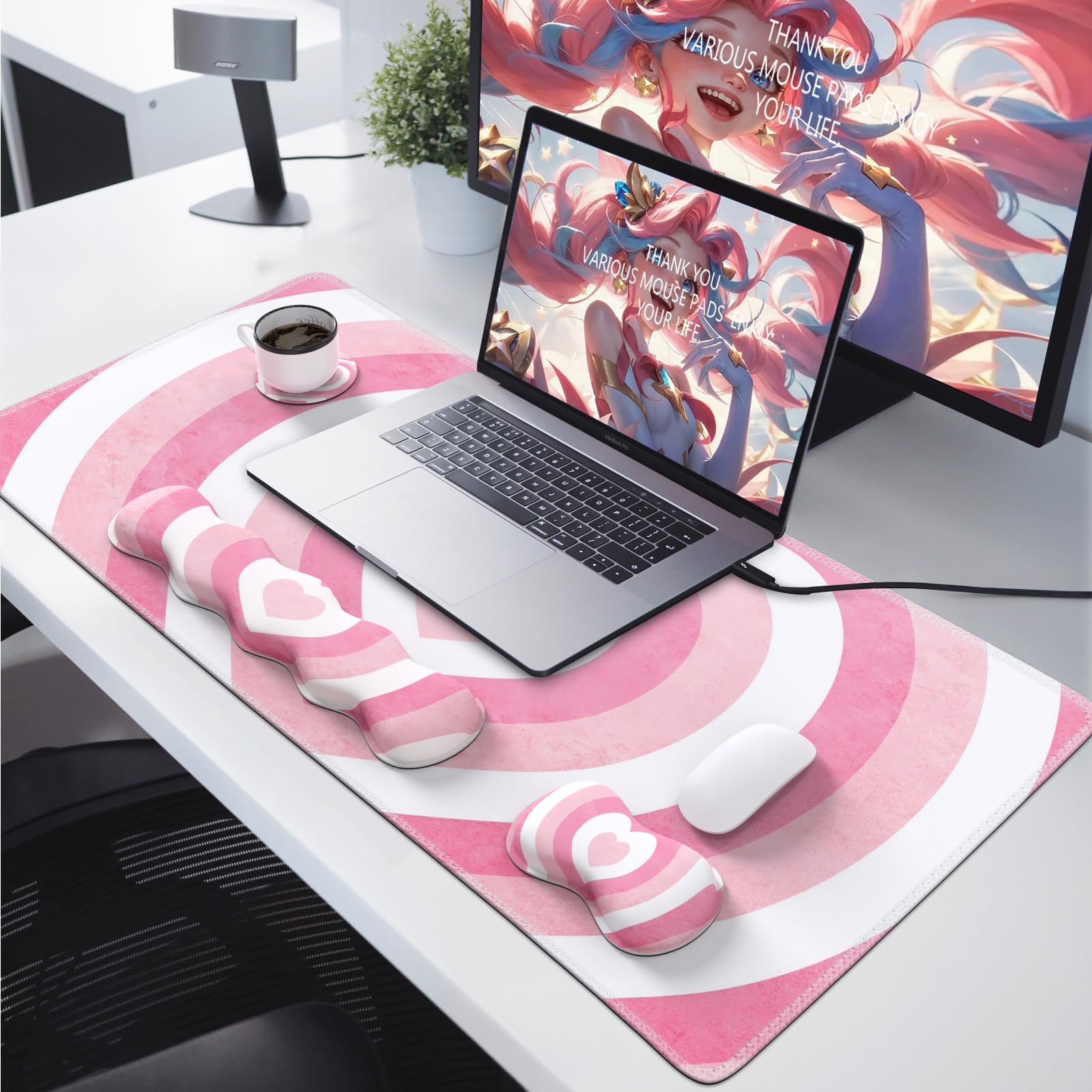 iLeadon Keyboard Mouse Pad Set, Large Gaming Mouse Pad + Keyboard Wrist Rest + Mouse Pad with Wrist Support + Coaster, Easy Typing Pain Relief, Desk Mat Set, Valentines Day Gifts for Her, Pink Heart
