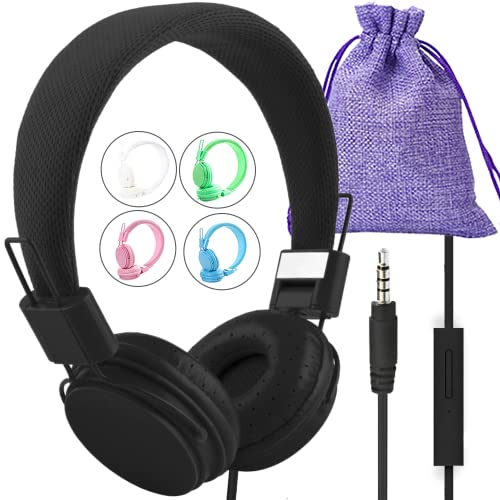 Wired Headphones - Kids Headset Girls Ear Microphone Boys Head mic audiofonos Cord Jack 3.5 Plug for iPhone iPad Chromebook School Laptop Tablet Computer Kindle Black Foldable Travel Volume Limited