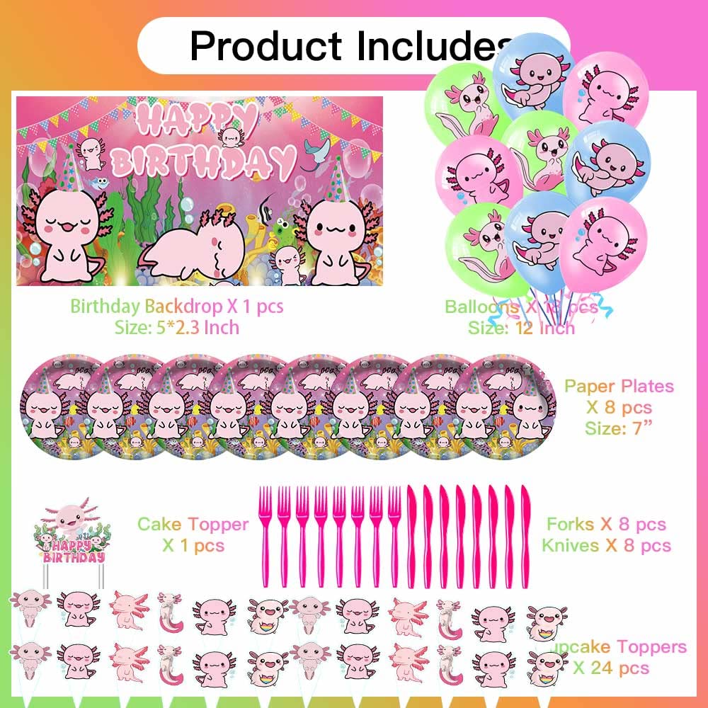Axolotl Birthday Party Decorations Party Supplies Plates Balloons Banner Cake Toppers Plastic Cutlery Disposable Knives Forks Set Decorations Decor