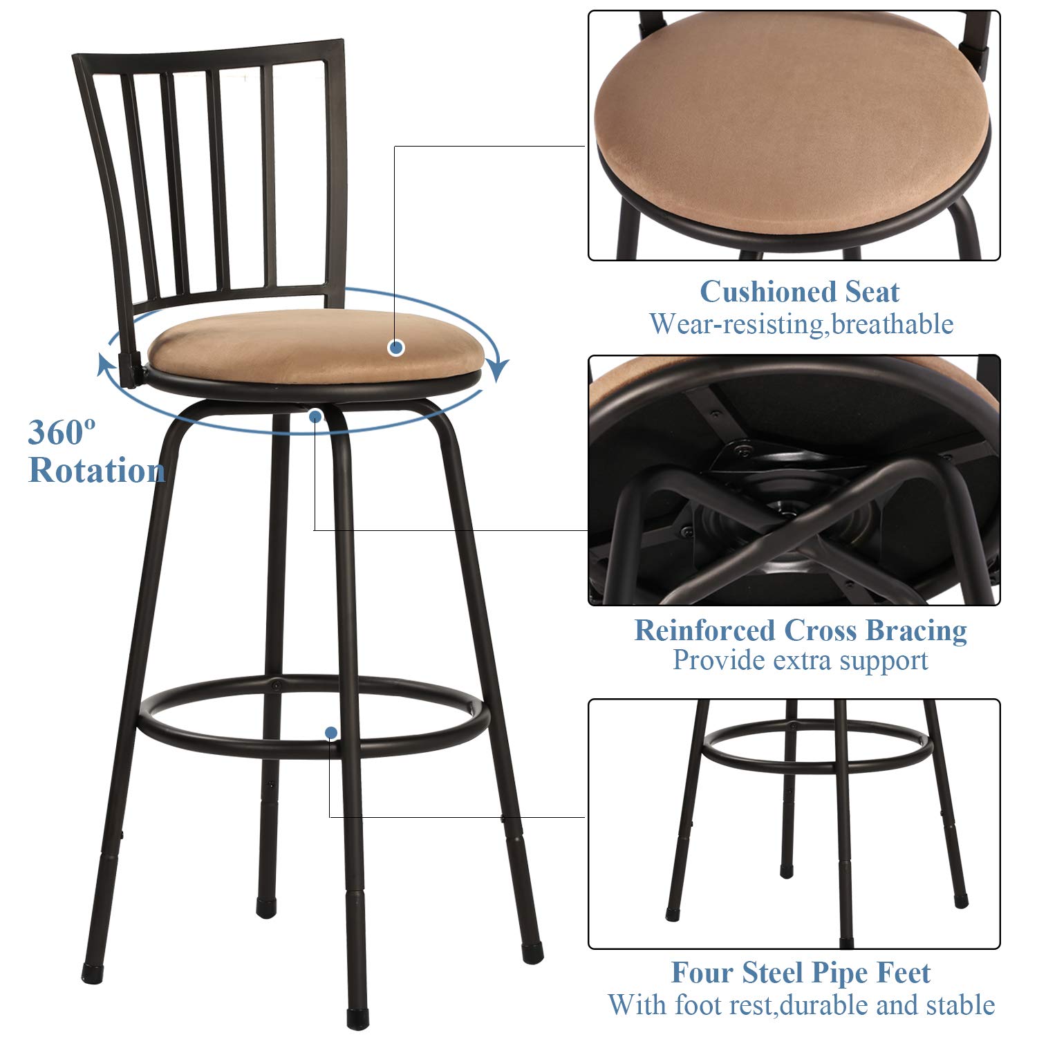 VECELO Bar Stools Set of 4,Adjustable Counter Height Stools with Bentwood Back,Armrest&Footrest,Swivel PU Leather Bar Chairs for Kitchen Island,Coffee Shop and Salon,Black,Curveback Classic